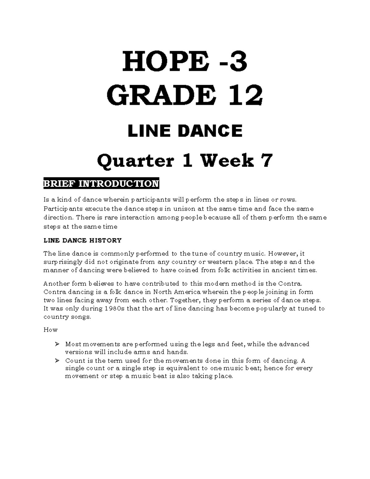 PE3-Module-7 - HOPE MODULE - HOPE - 3 GRADE 12 LINE DANCE Quarter 1 ...