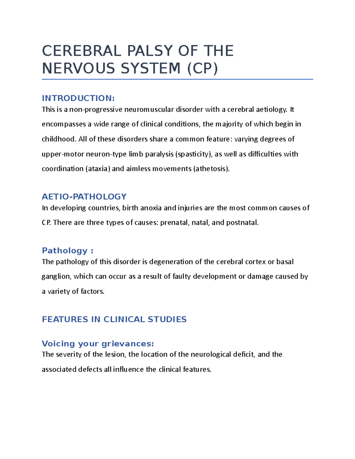 Cerebral Palsy OF THE Nervous System (CP) - CEREBRAL PALSY OF THE ...