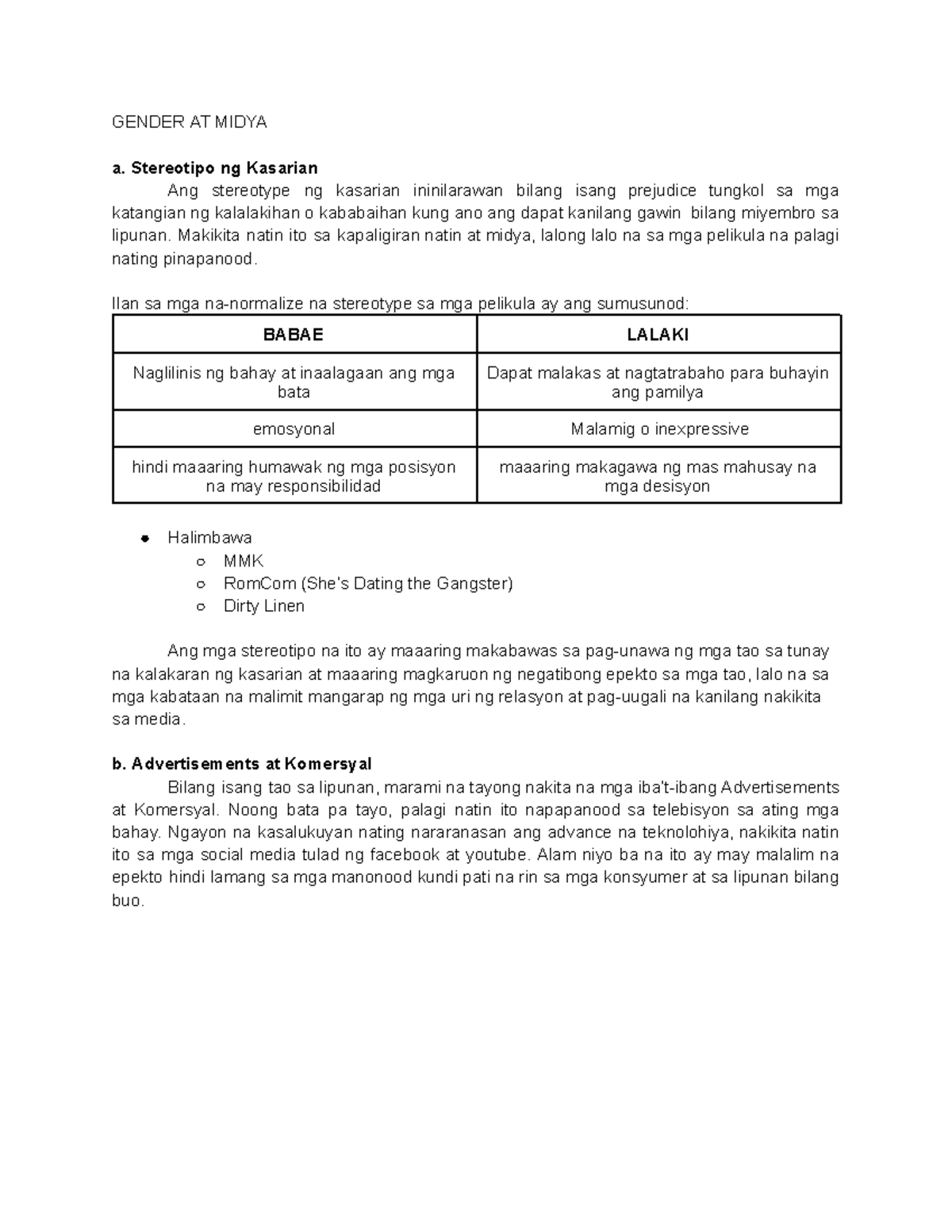 IDE reporting - GENDER AT MIDYA a. Stereotipo ng Kasarian Ang ...
