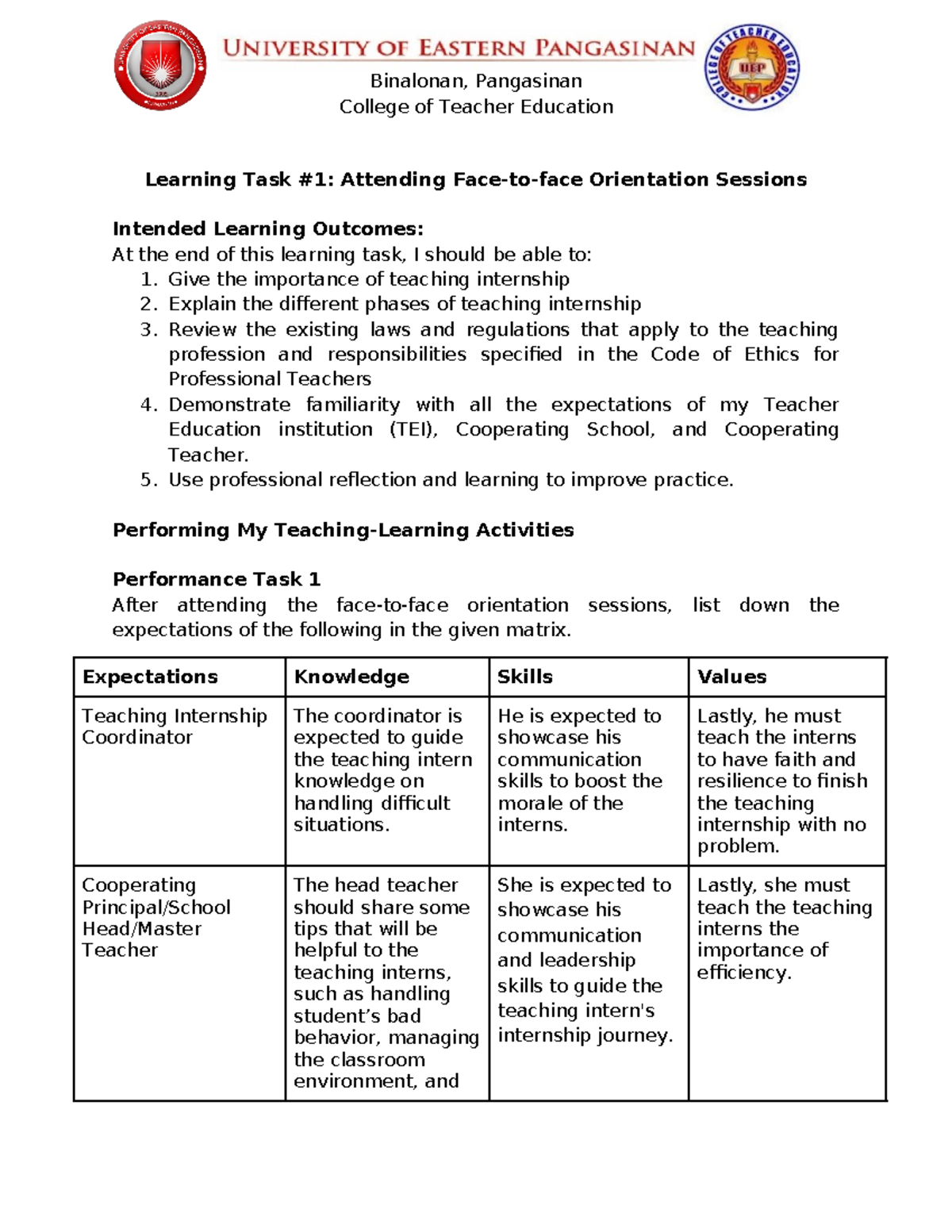 LEARNING EPISODE 01 - College of Teacher Education Learning Task #1 ...
