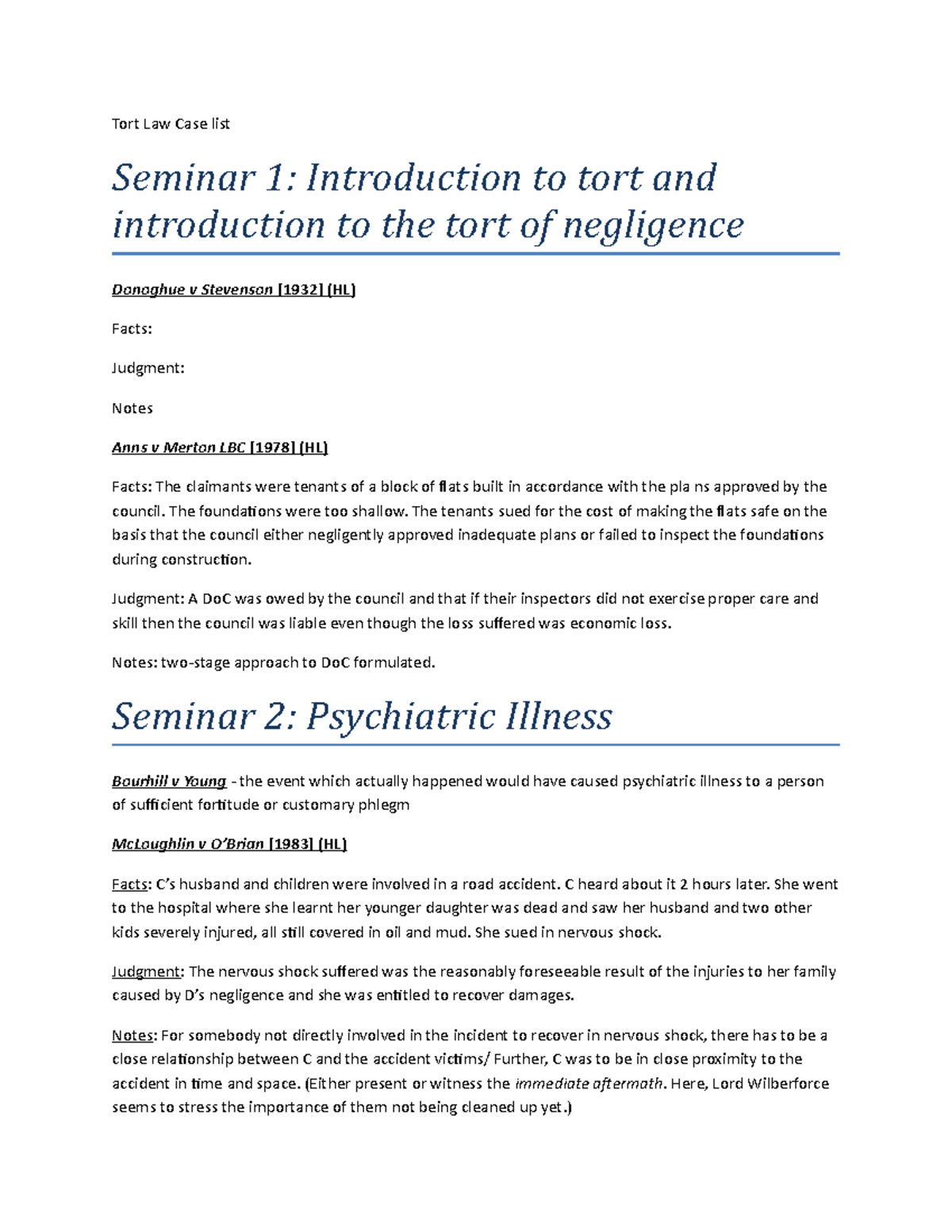 Tort case list - Tort Law Case list Seminar 1: Introduction to tort and ...