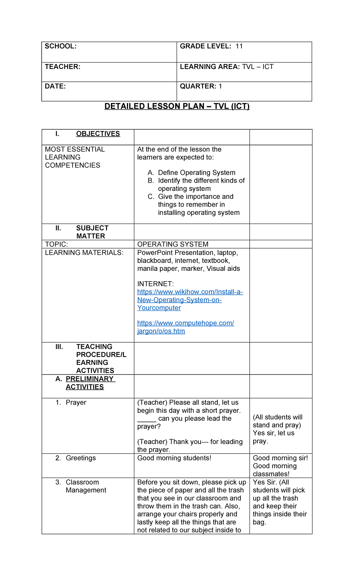 SHS TVL ICT - SHS MATERIALS - SCHOOL: GRADE LEVEL: 11 TEACHER: LEARNING ...