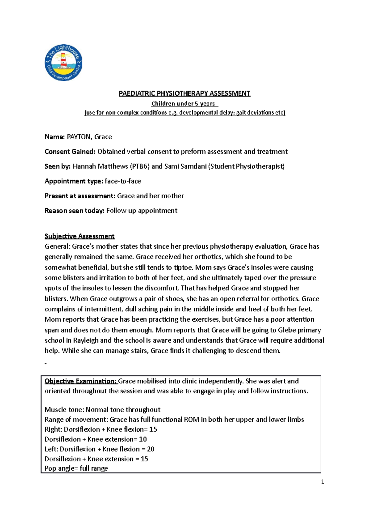 Grace - PAEDIATRIC PHYSIOTHERAPY ASSESSMENT Children under 5 years (use ...