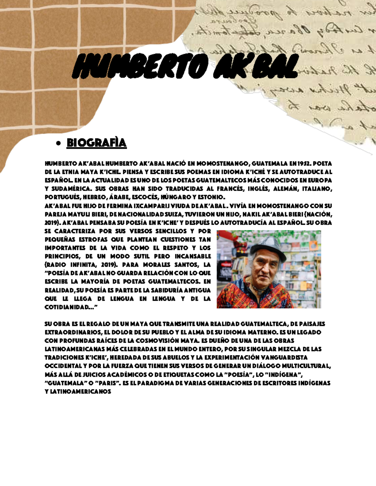 Humberto Ak'bal - Aprendizaje - BIOGRAFÌA Humberto Ak’abal Humberto Ak ...