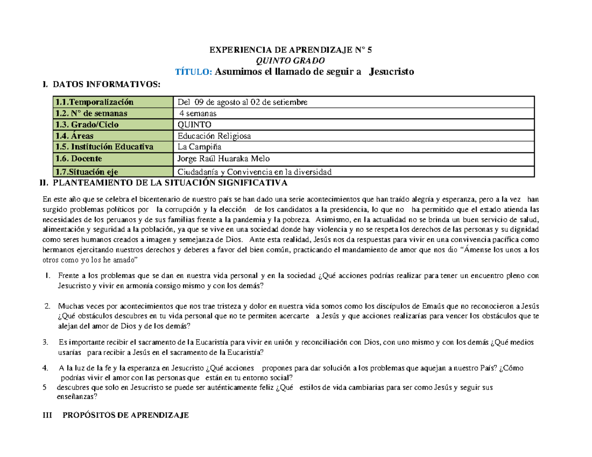 5. Experiencia DE Aprendizaje N°5 - 5TO SEC - EXPERIENCIA DE APRENDIZAJE N° 5 QUINTO GRADO ...