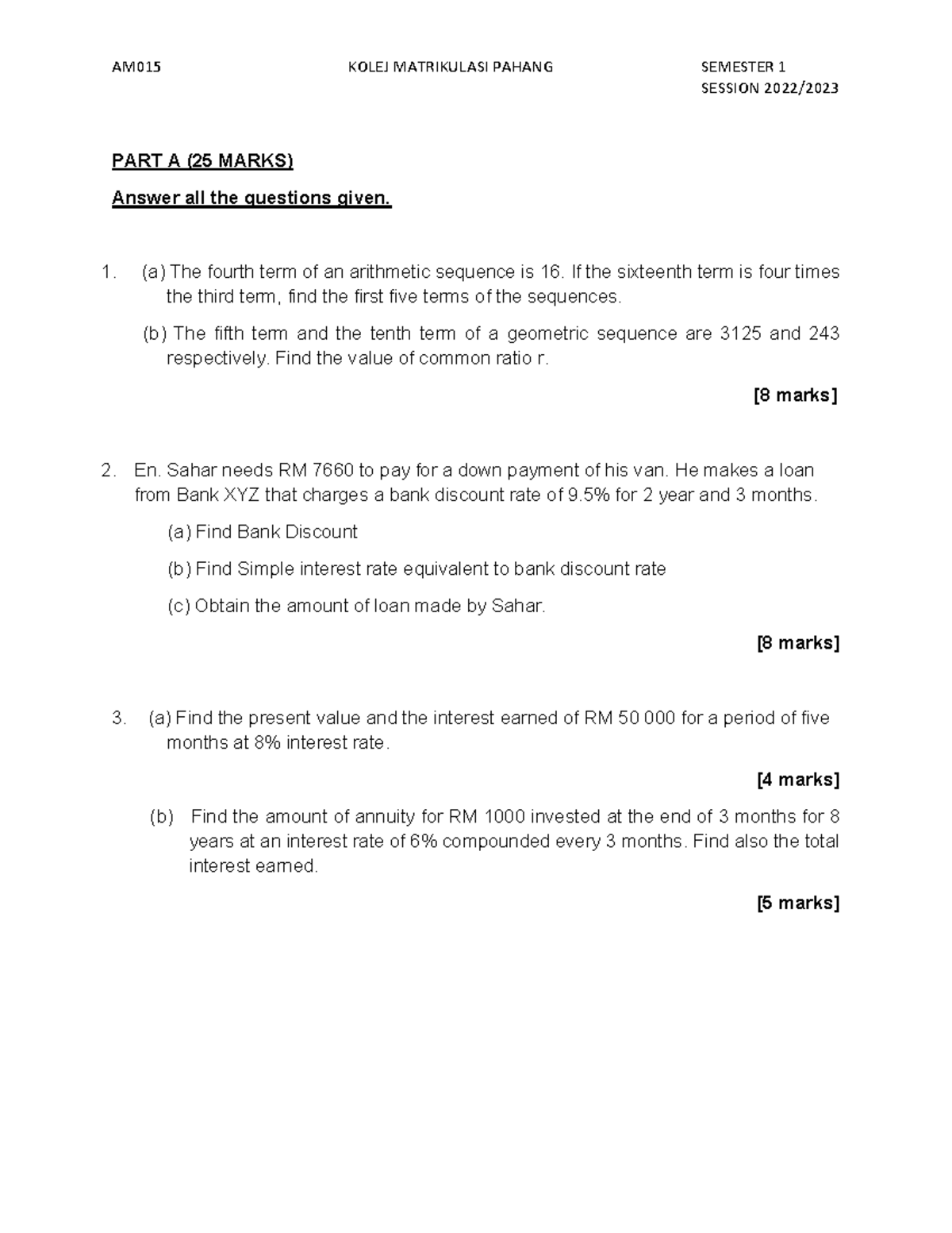 KMPH - PAST YEAR QUESTION AM015 KMPH - AM015 KOLEJ MATRIKULASI PAHANG ...