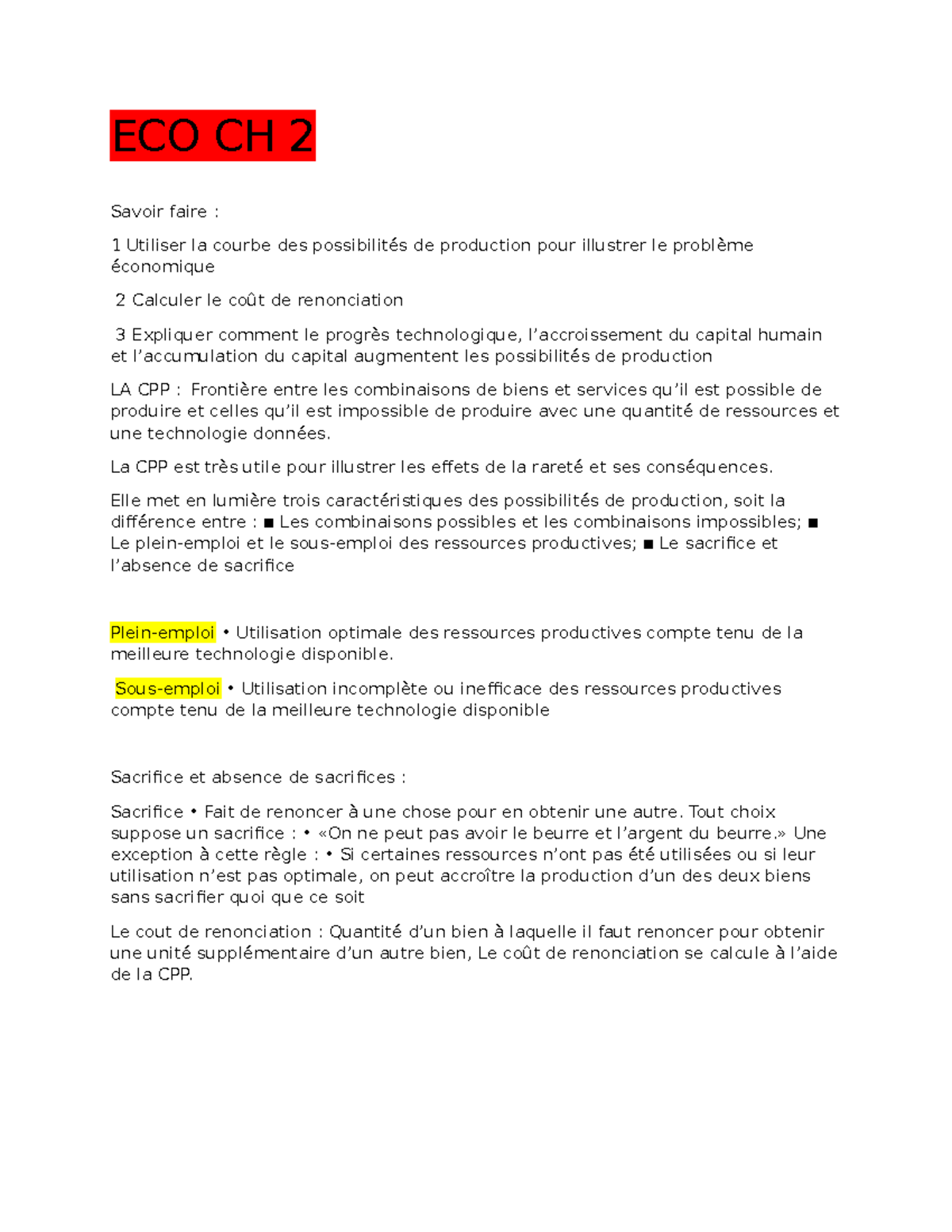 Eco cha 2 - revision chapitre 2 - ECO CH 2 Savoir faire : 1 Utiliser la courbe des possibilités ...