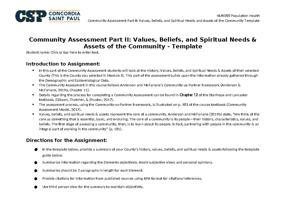 Community Assessment Part II Template - Community Assessment Part II ...
