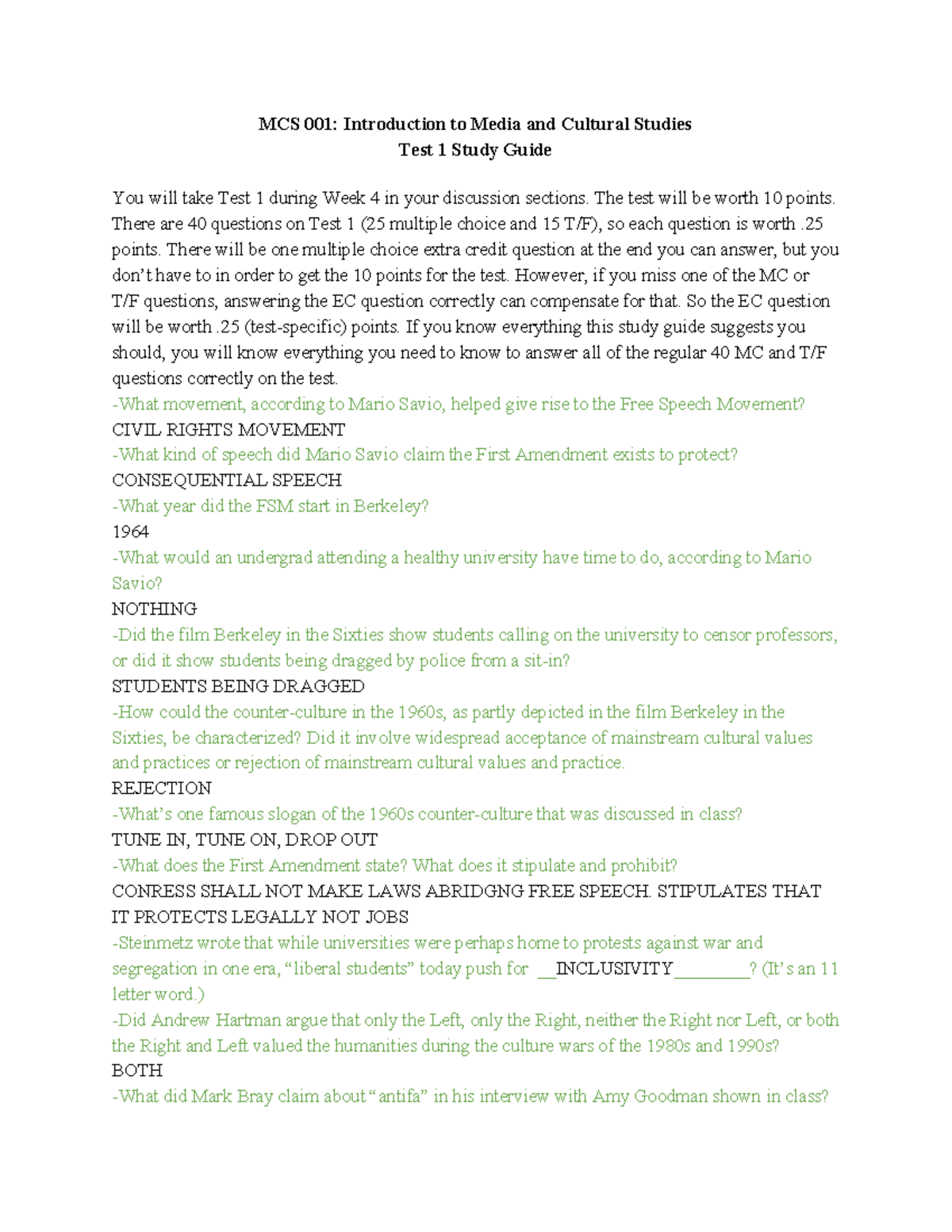 Mcs test 1 sg - Study Guide number 1 - MCS 001: Introduction to Media ...