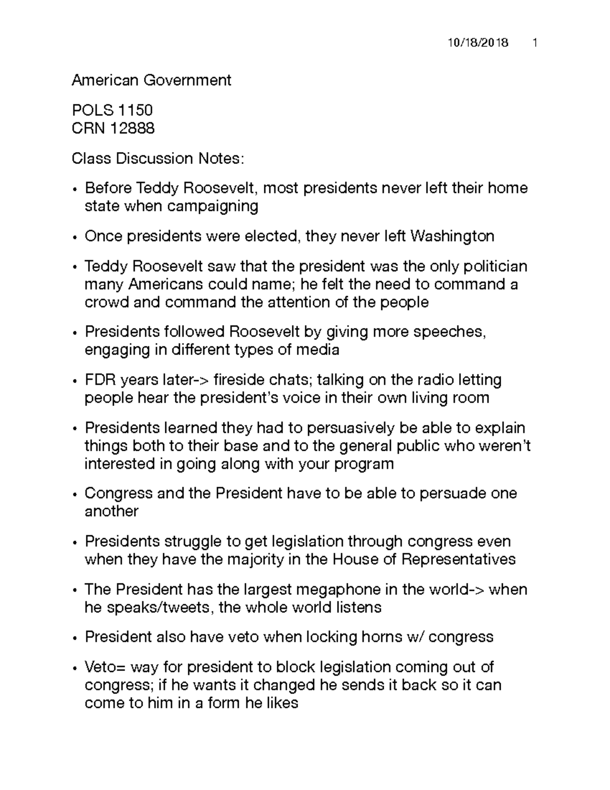 10:18 Class Notes - American Government POLS 1150 CRN 12888 Class ...