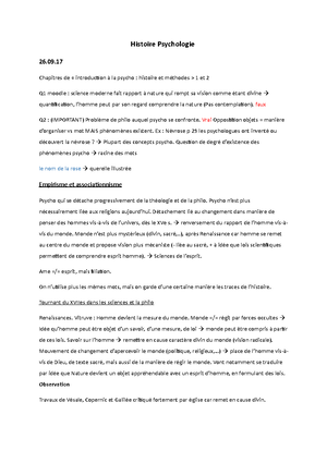 Résumé histoire de la psychologie - 1 : Introduction à l'histoire de la ...