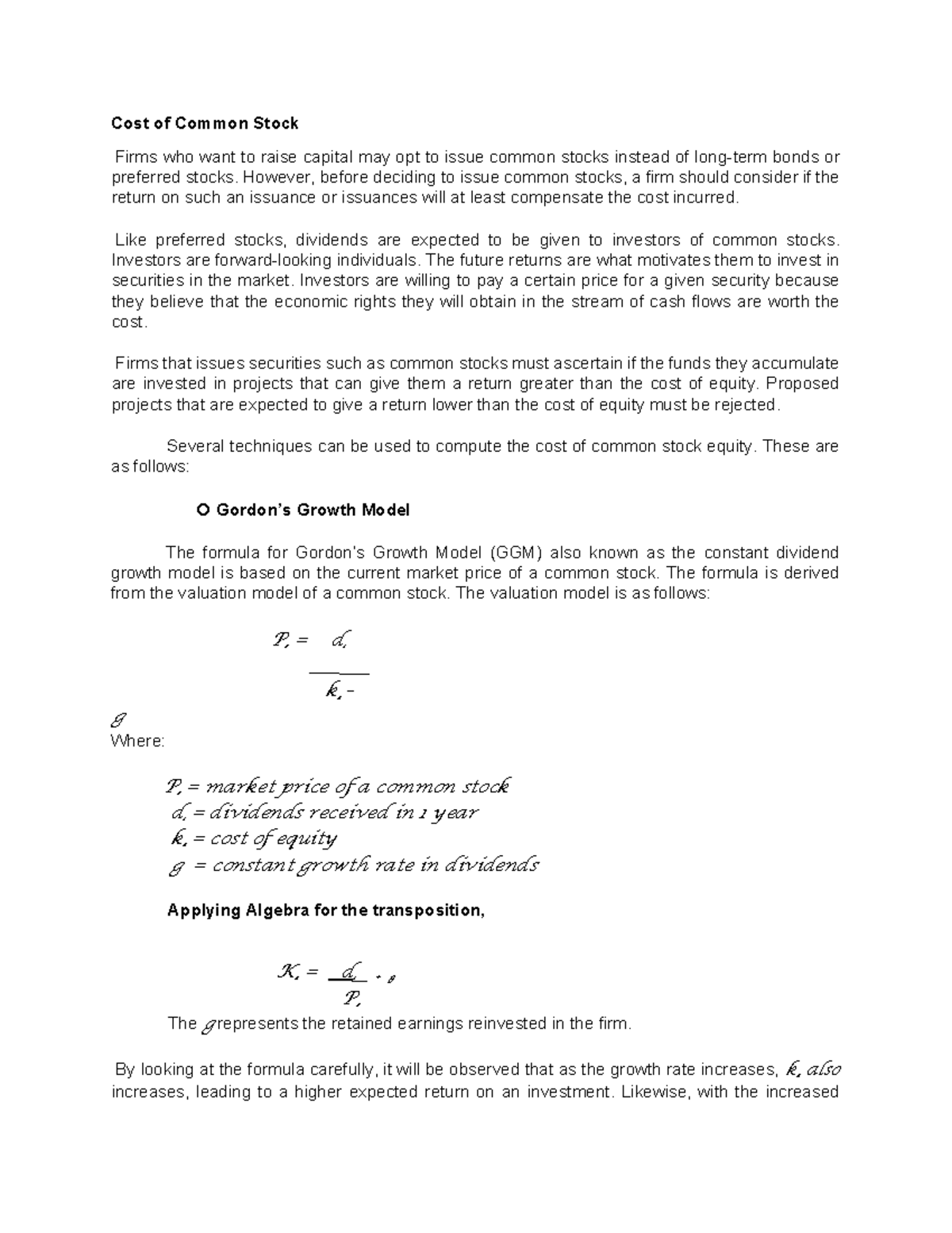 Cost of Common Stock - Cost of Common Stock Firms who want to raise capital may opt to issue ...