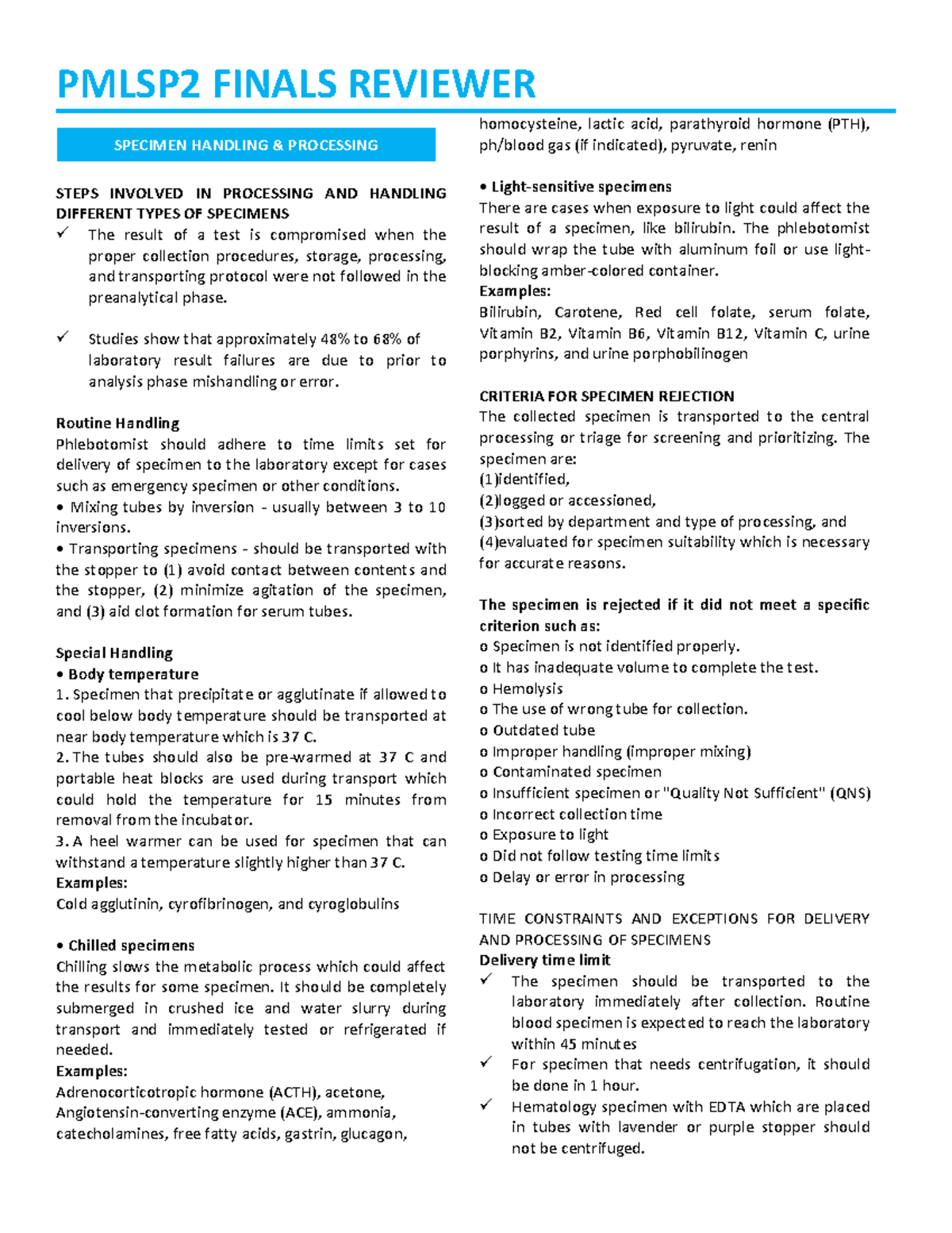 Pmlsp 2 Finals - Lecture notes for Principles of Medical Laboratory ...