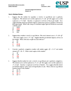 Tutorial 1 - Solution - EC202 - EC202: Intermediate Microeconomics Semester 2, 2019 Tutorial 1 ...