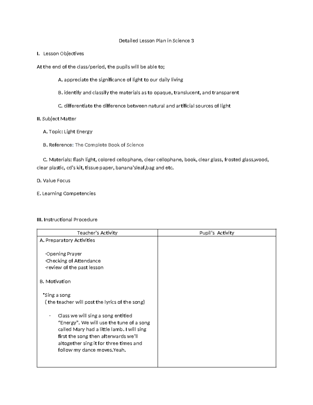 Science 3 Detailed Lesson PLAN - Detailed Lesson Plan in Science 3 I ...