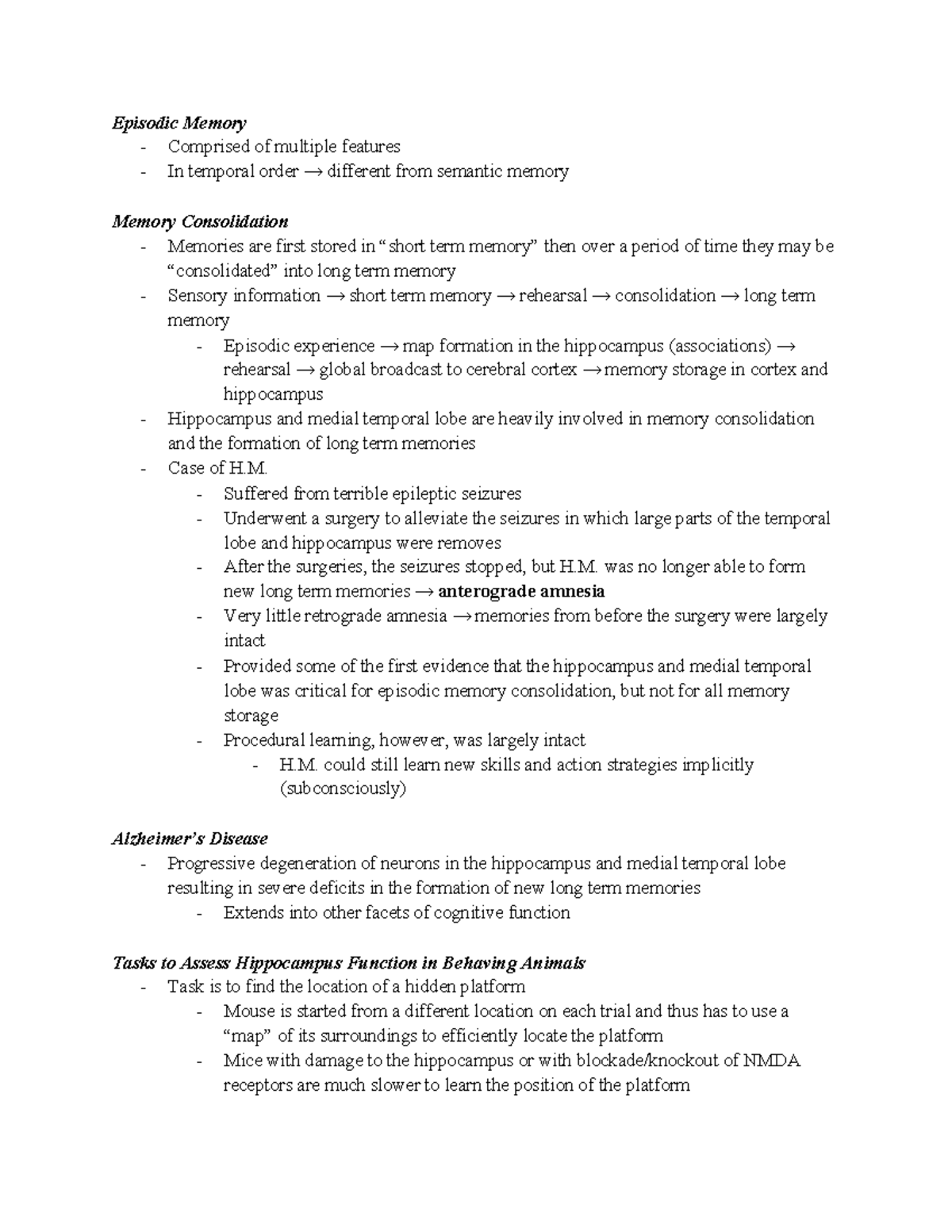 NE 101 Lecture 26 Compiled Notes - Episodic Memory - Comprised of ...