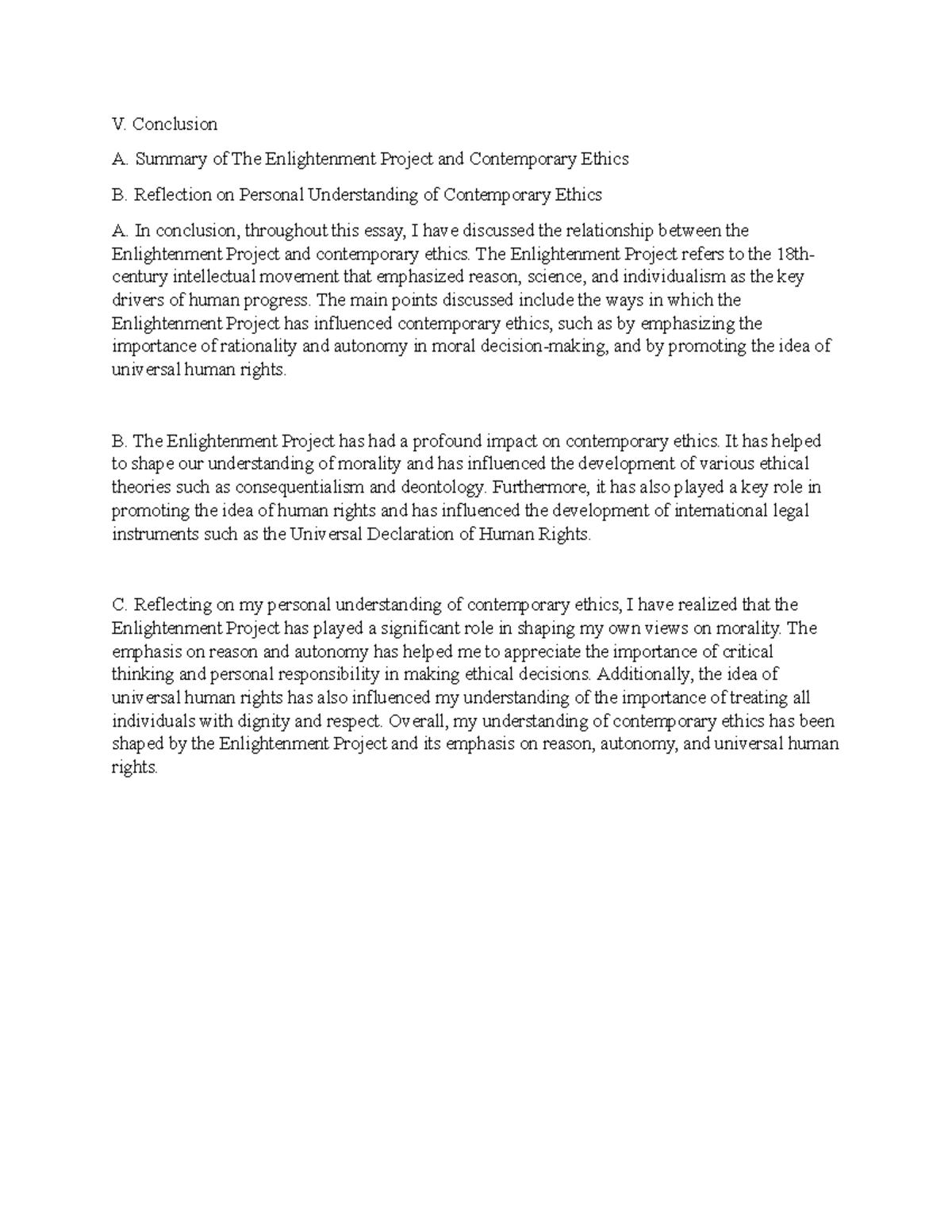 The Enlightenment Project and contemporary ethics 5 - V. Conclusion A ...