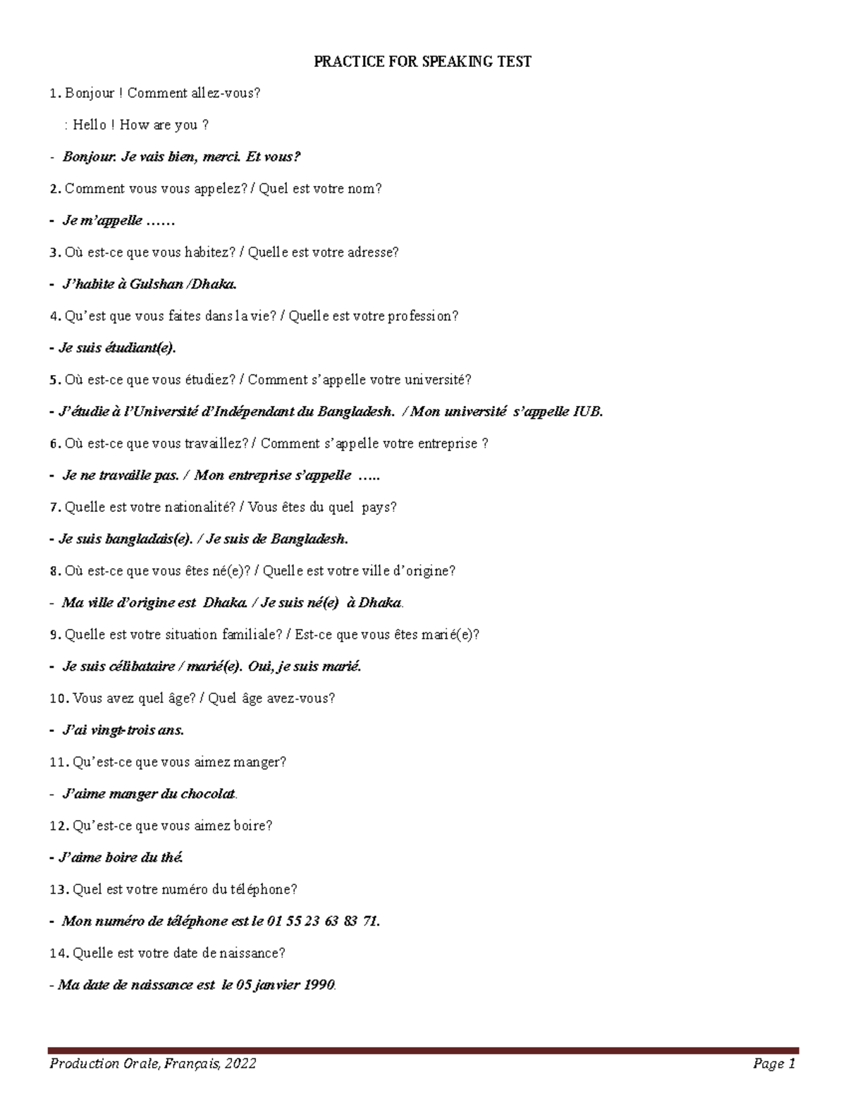 French Oral Practice 2022 - PRACTICE FOR SPEAKING TEST Bonjour! Comment ...