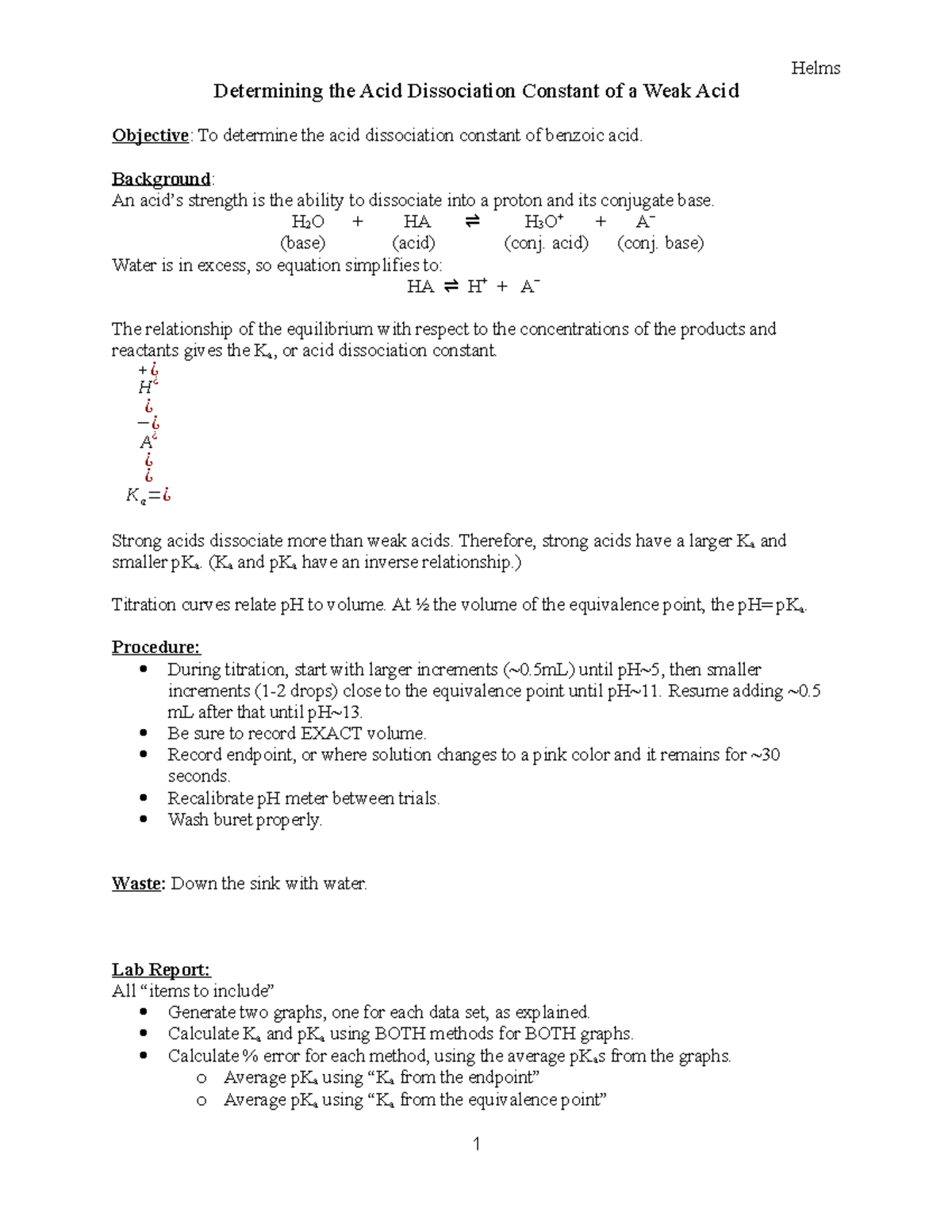 Acid Dissociation Constant Overview - Helms Determining the Acid ...