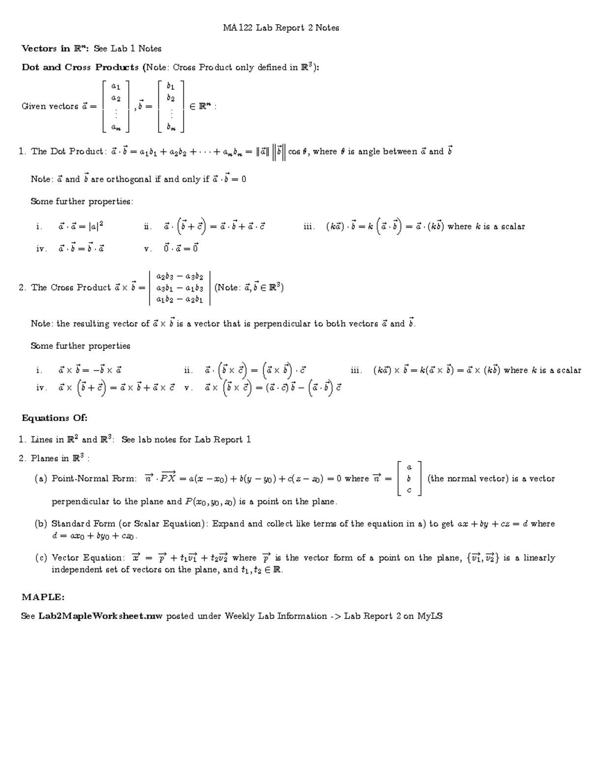 Lab2Notes - Summer Linear algebra lab notes - MA122 Lab Report 2 Notes ...