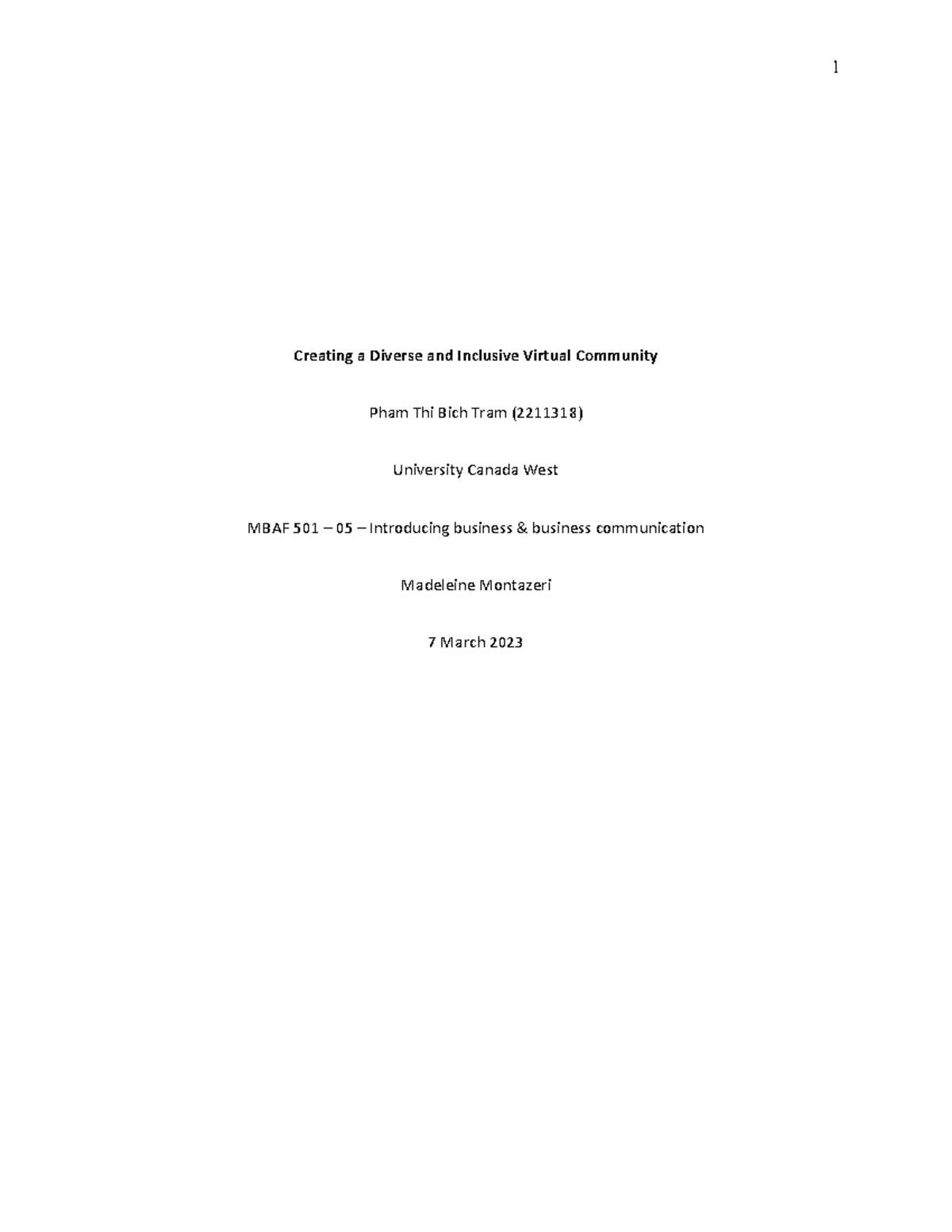 MBAF 501 – 05 - Group 3 - Tram Pham - 2211318 - Creating a Diverse and ...