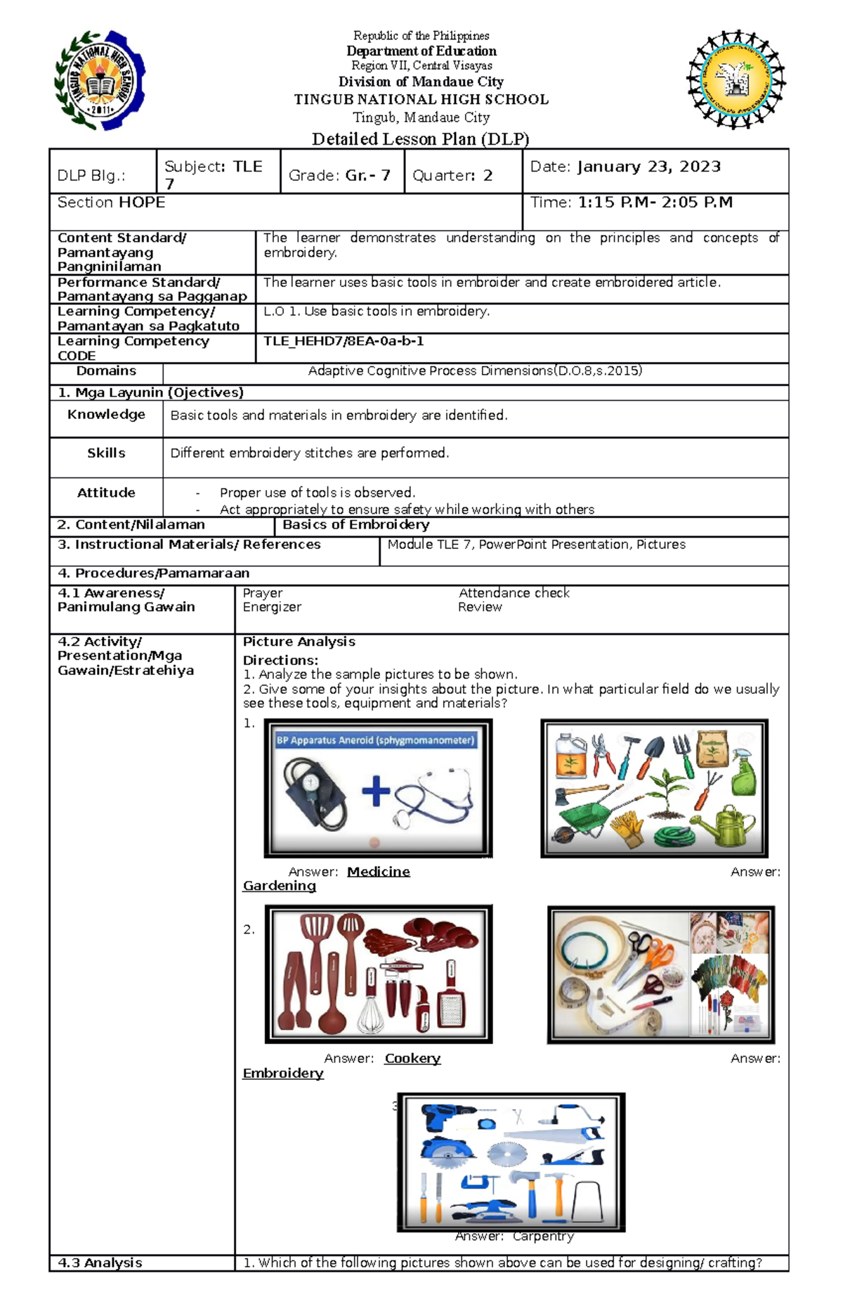 I Plan TLE 7 - for reference - Republic of the Philippines Department ...