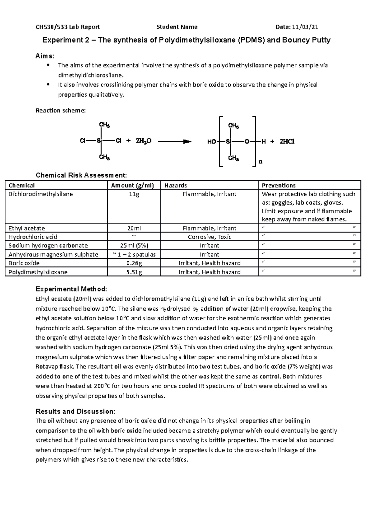CH530 Exp 2 lab report (bouncy Putty) - CH530/533 Lab Report Student ...