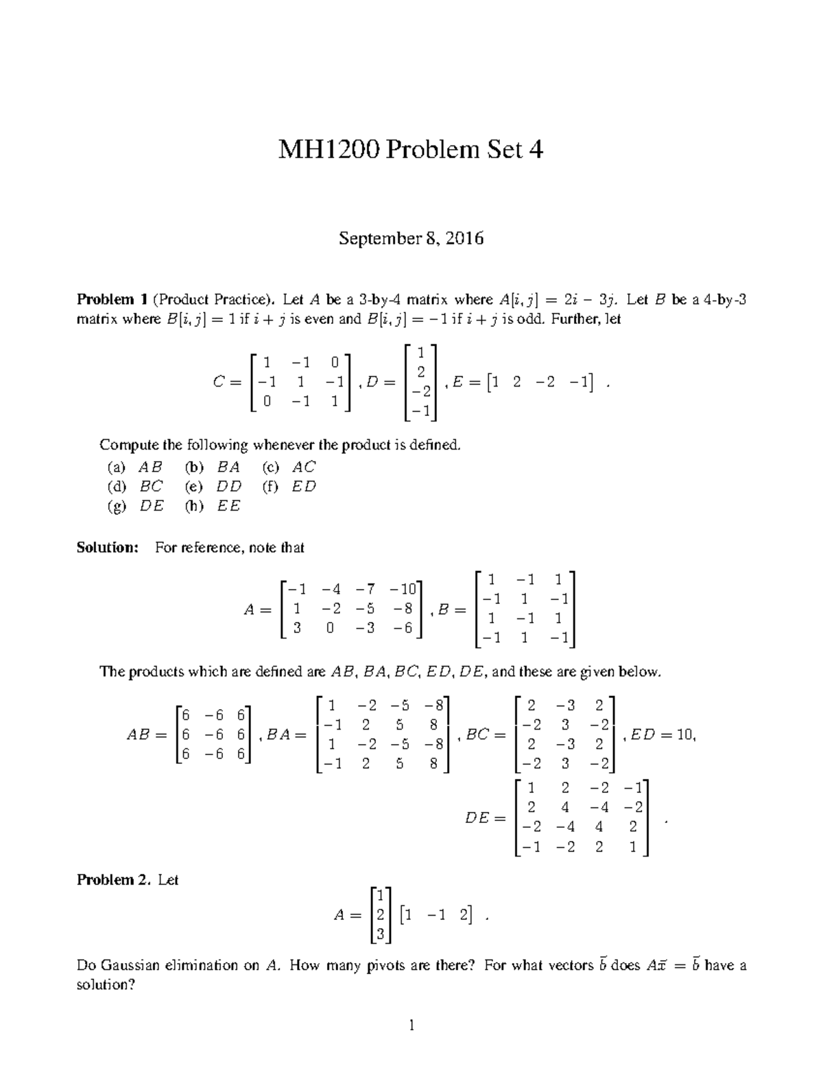 LA tut 4 - linear algebra assignment - MH1200 Problem Set 4 September 8 ...