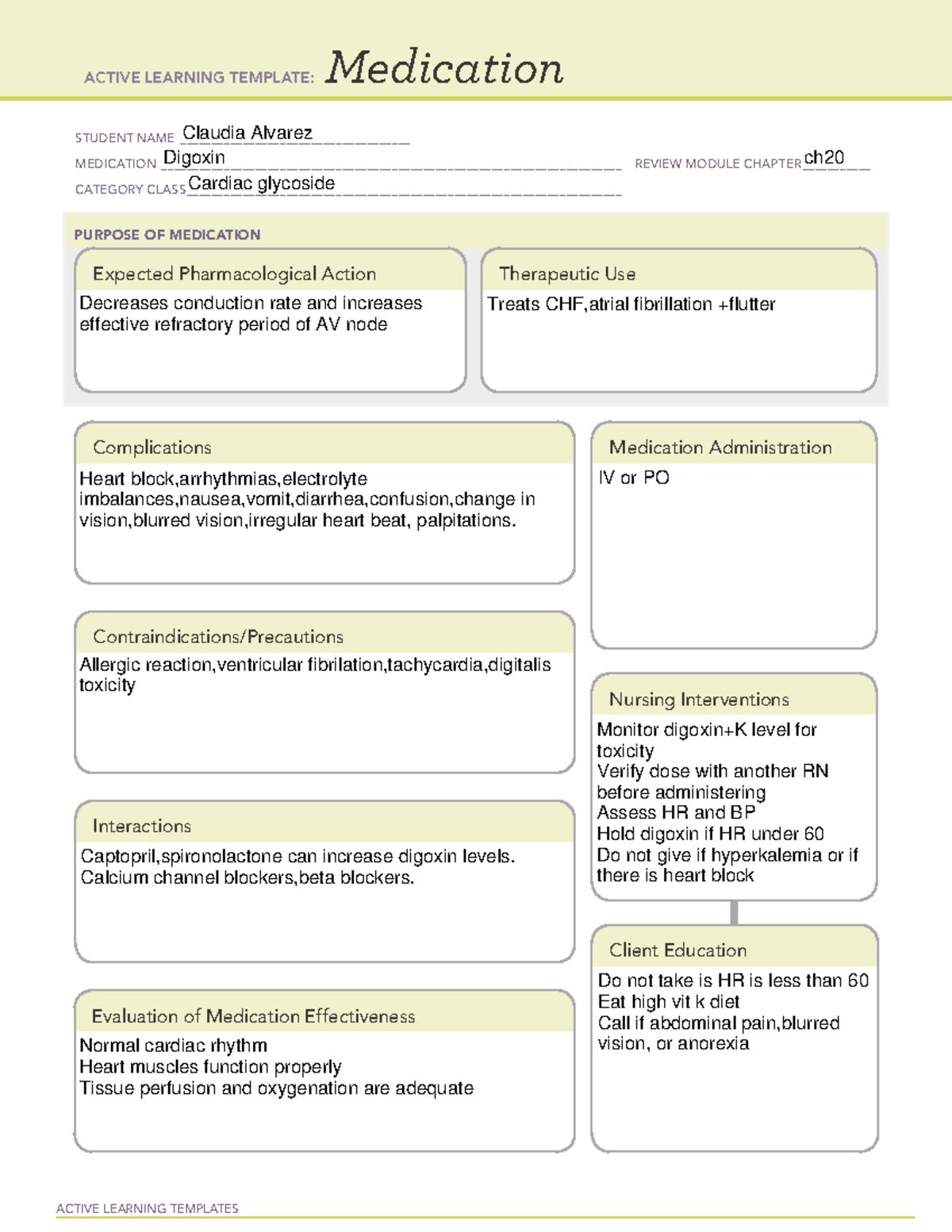 Digoxin med card - ACTIVE LEARNING TEMPLATES Medication STUDENT NAME ...