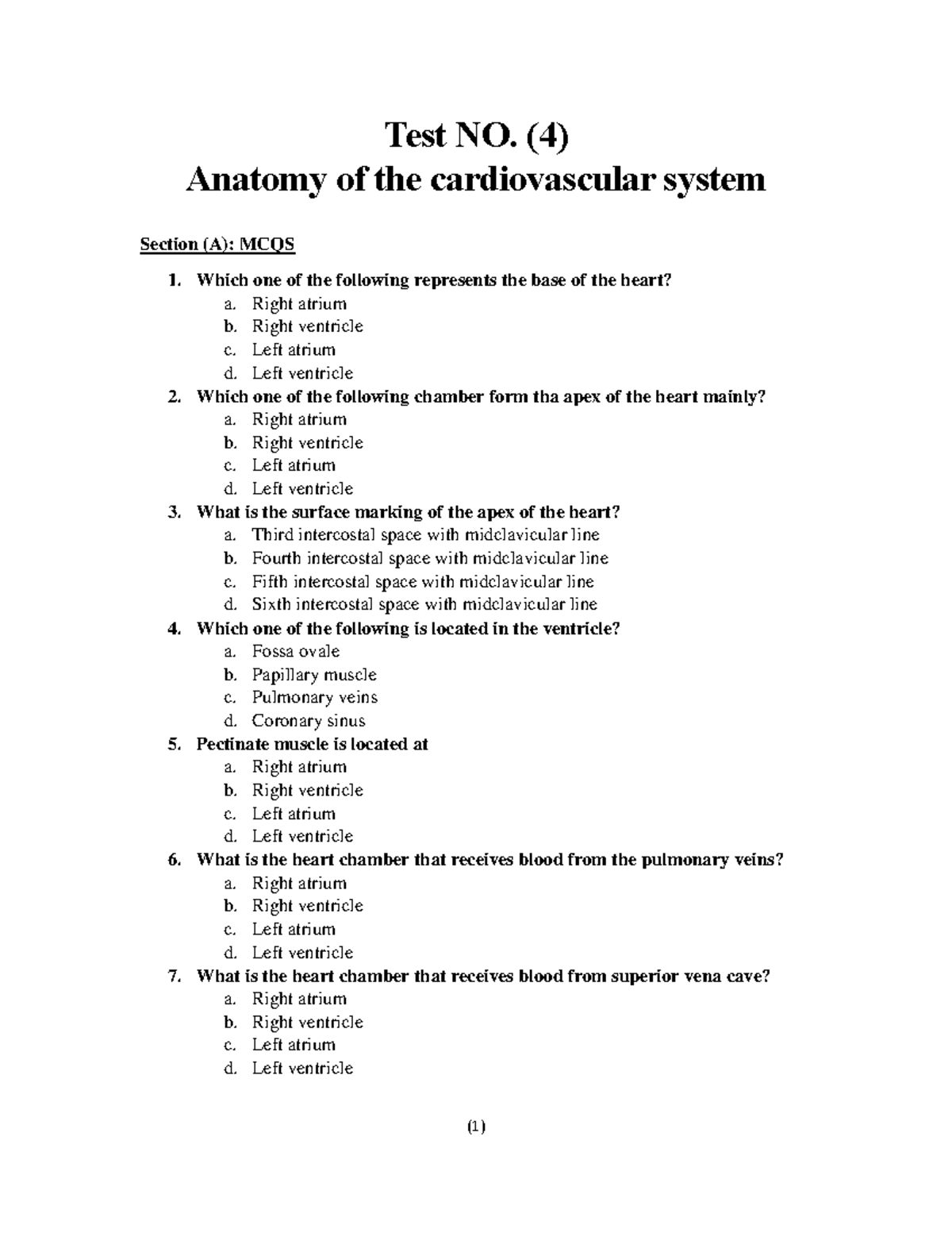 Cvs Tutorial - (1) Test NO. (4) Anatomy of the cardiovascular system ...