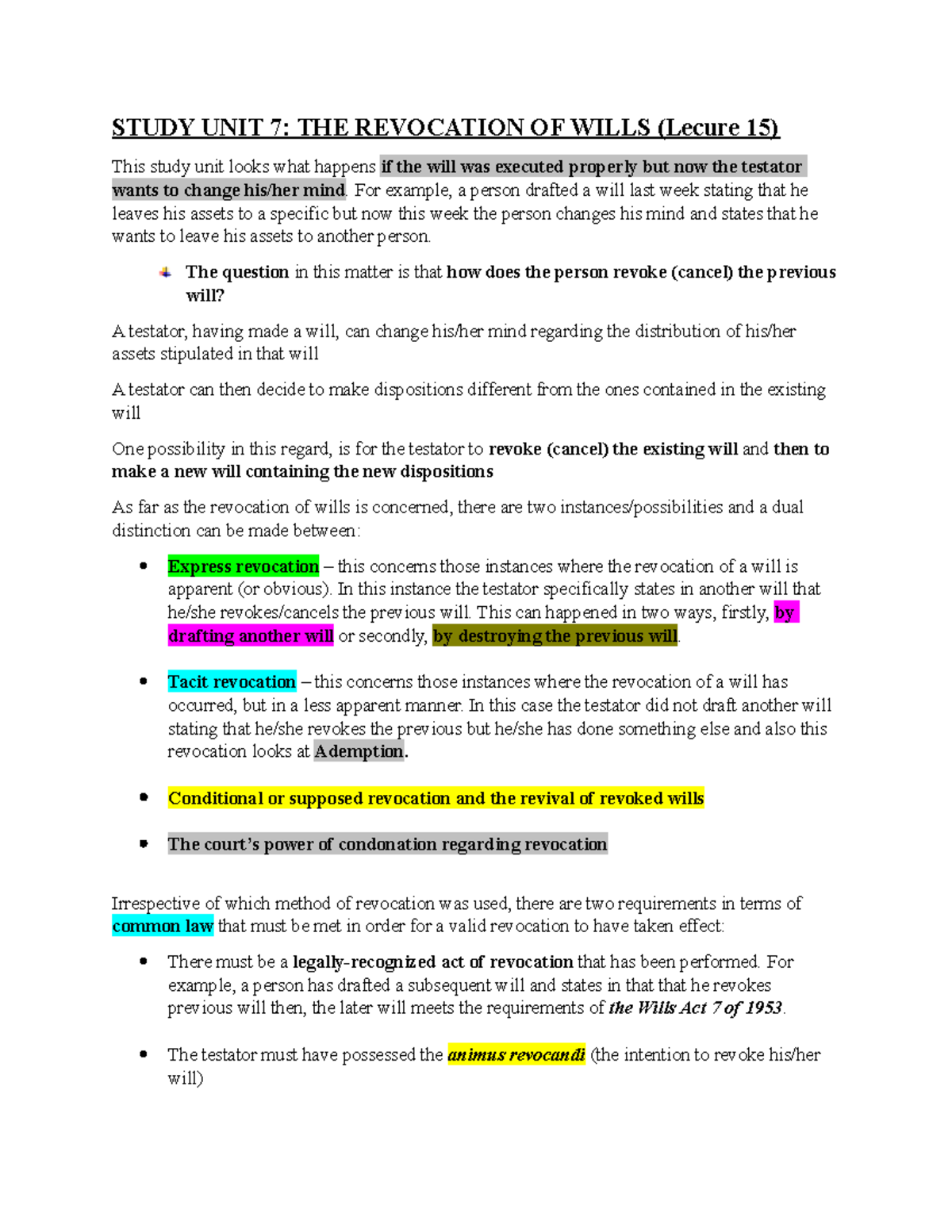 Study UNIT 7 - NOTES - STUDY UNIT 7: THE REVOCATION OF WILLS (Lecure 15 ...