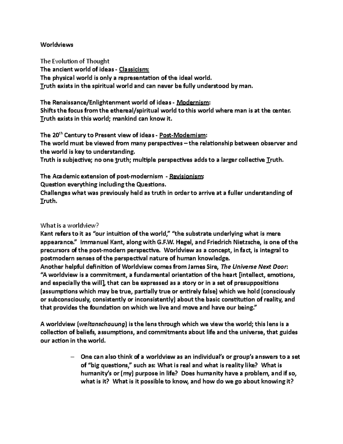 Worldviews - Worldview unit notes - Worldviews The Evolution of Thought ...