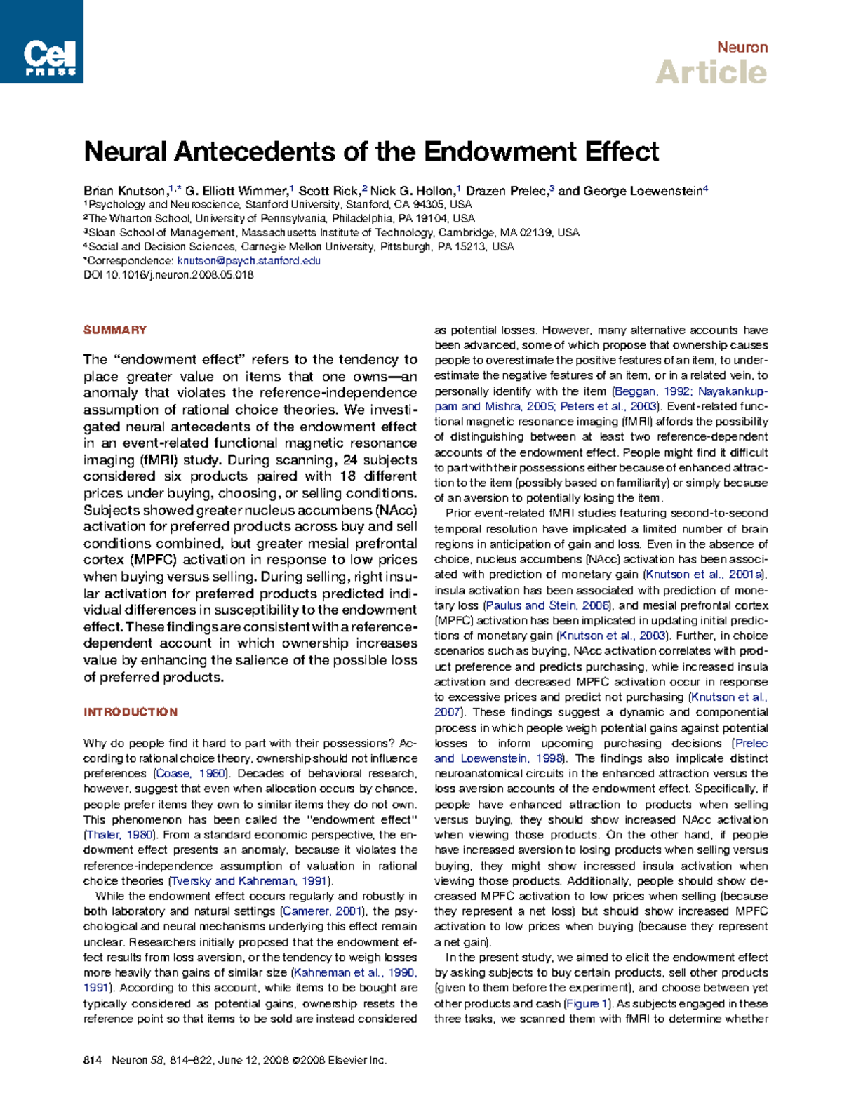 Endowment - 的发额外 - Article Neural Antecedents of the Endowment Effect ...