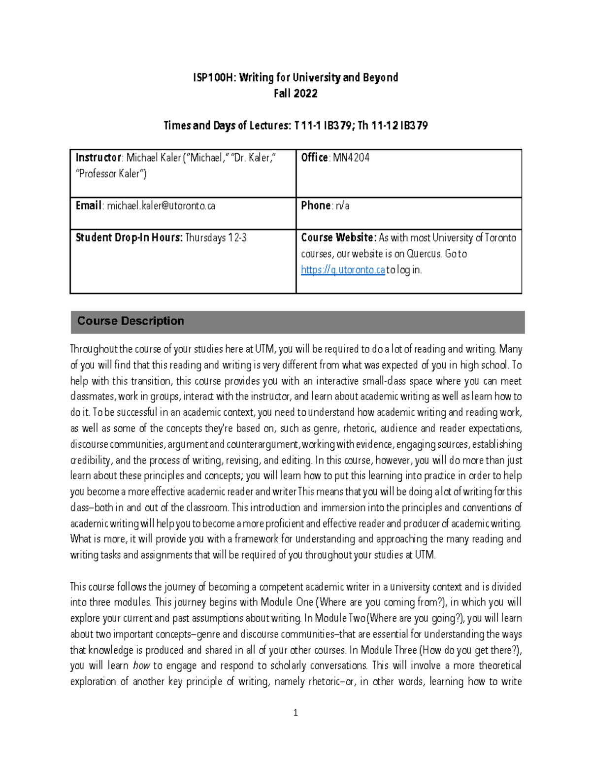 ISP 100 Syllabus Fall 2022 Lec 124 - ISP100H: Writing for University ...