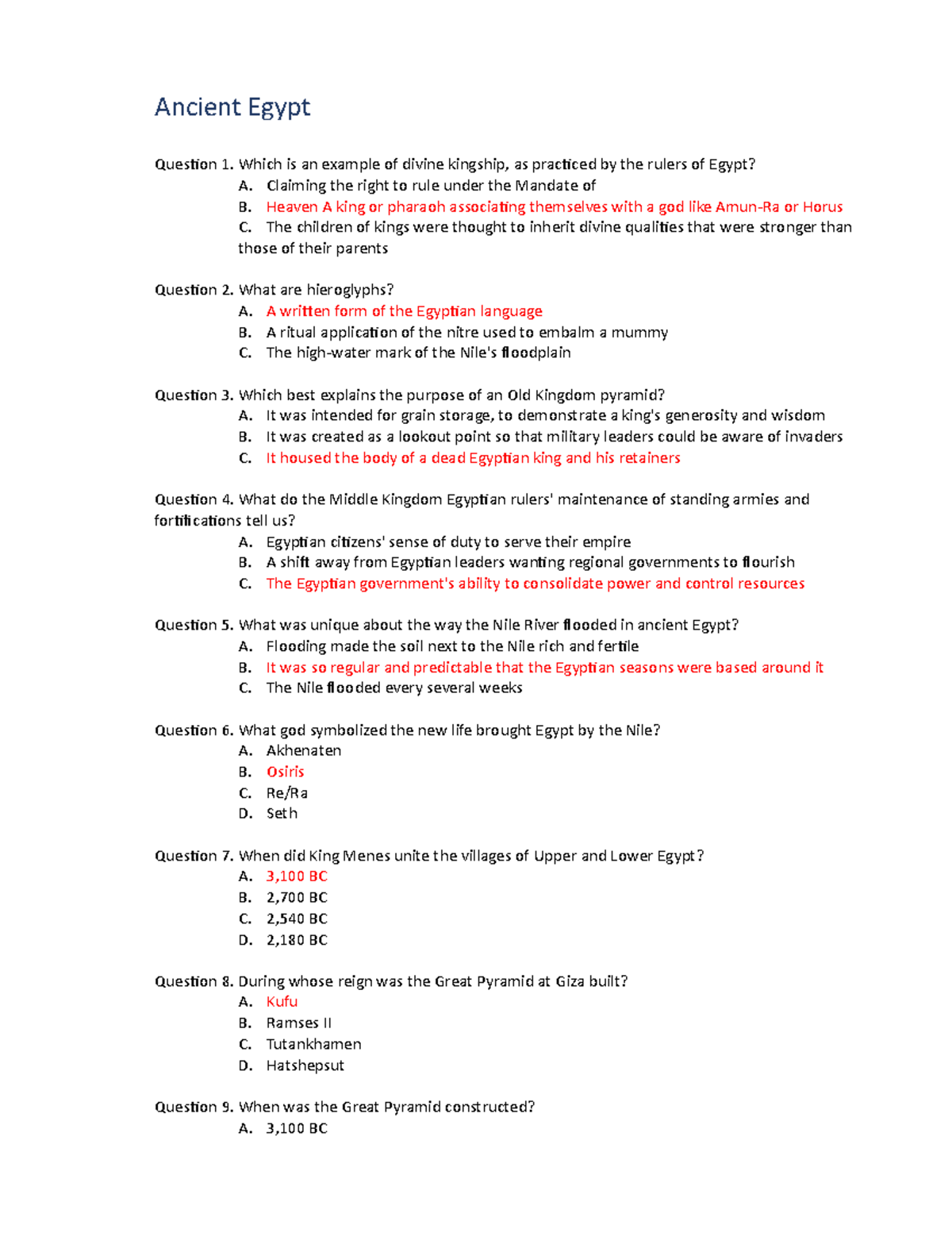 Trắc nghiệm wch - ăfwaf - Ancient Egypt Question 1. Which is an example ...