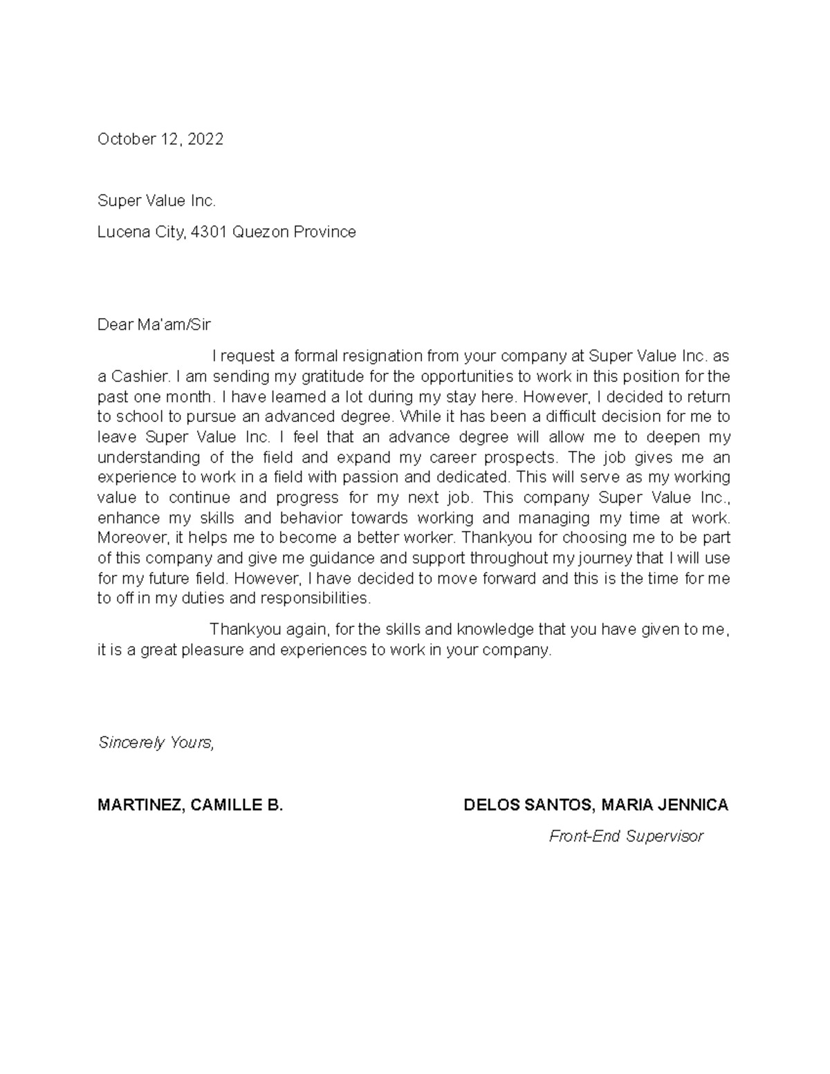 Resignation-Letter - Nah - October 12, 2022 Super Value Inc. Lucena ...