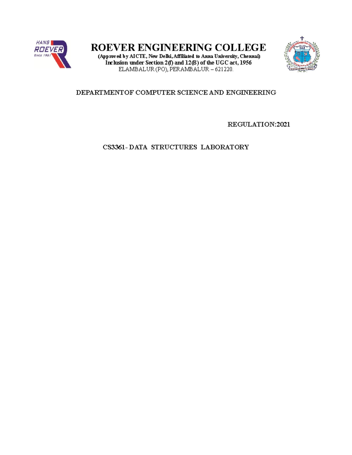 CS3361 DATA Structure LAB Manual - ROEVER ENGINEERING COLLEGE (Approved by AICTE, New Delhi ...