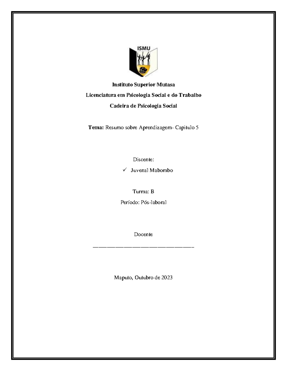 Resumo- Aprendizagem - Instituto Superior Mutasa Licenciatura em ...