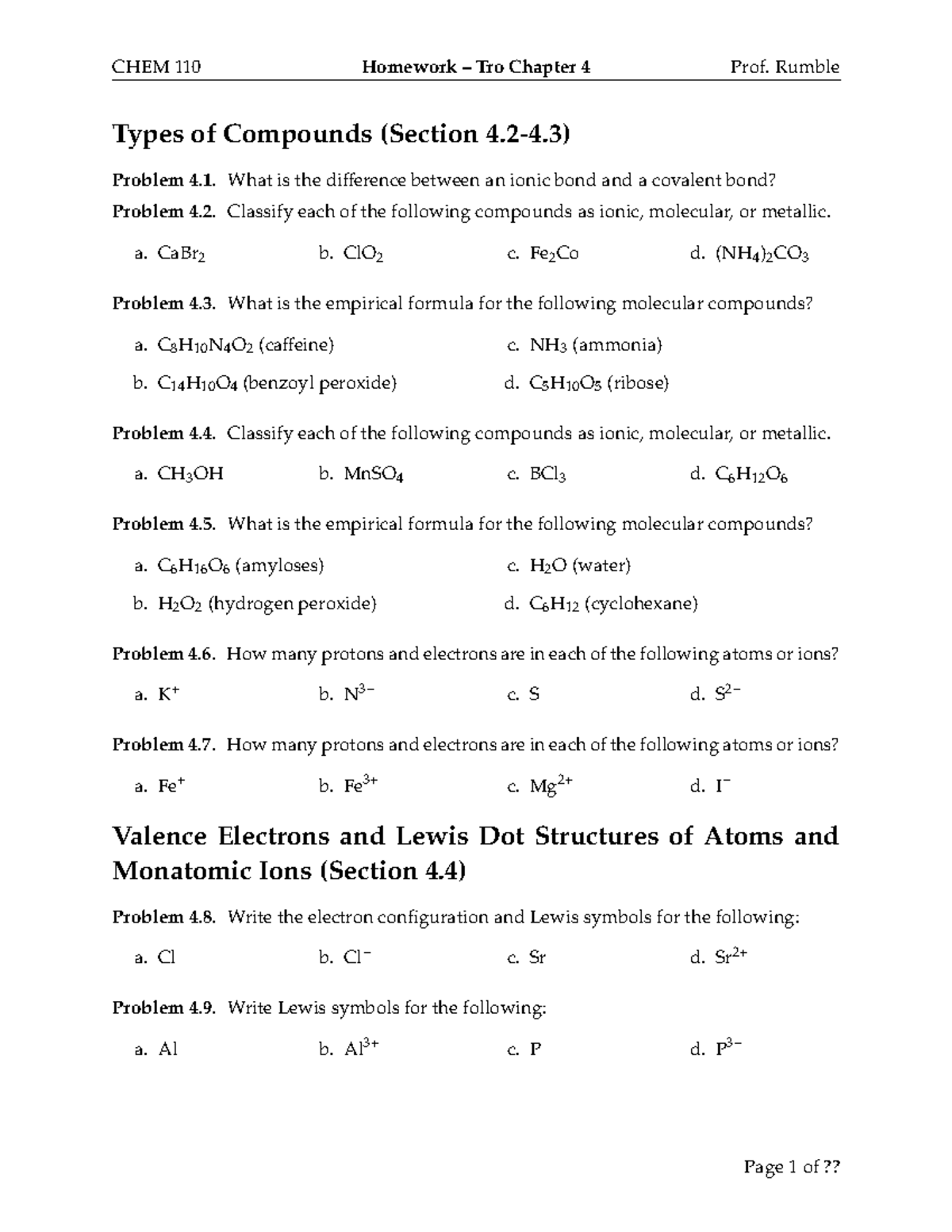 Ch4 problems - Chapter homework - Types of Compounds (Section 4.2-4 ...