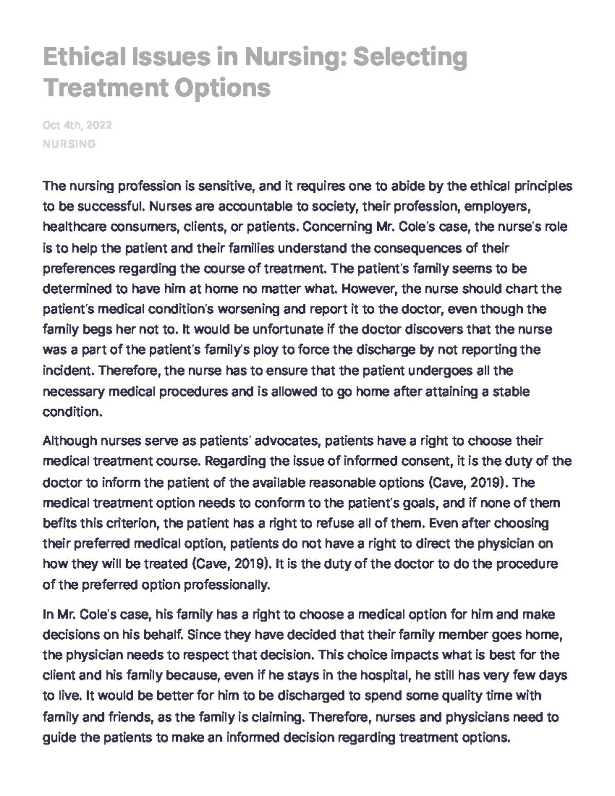 Ethical Issues in Nursing Selecting Treatment Options Case Study ...