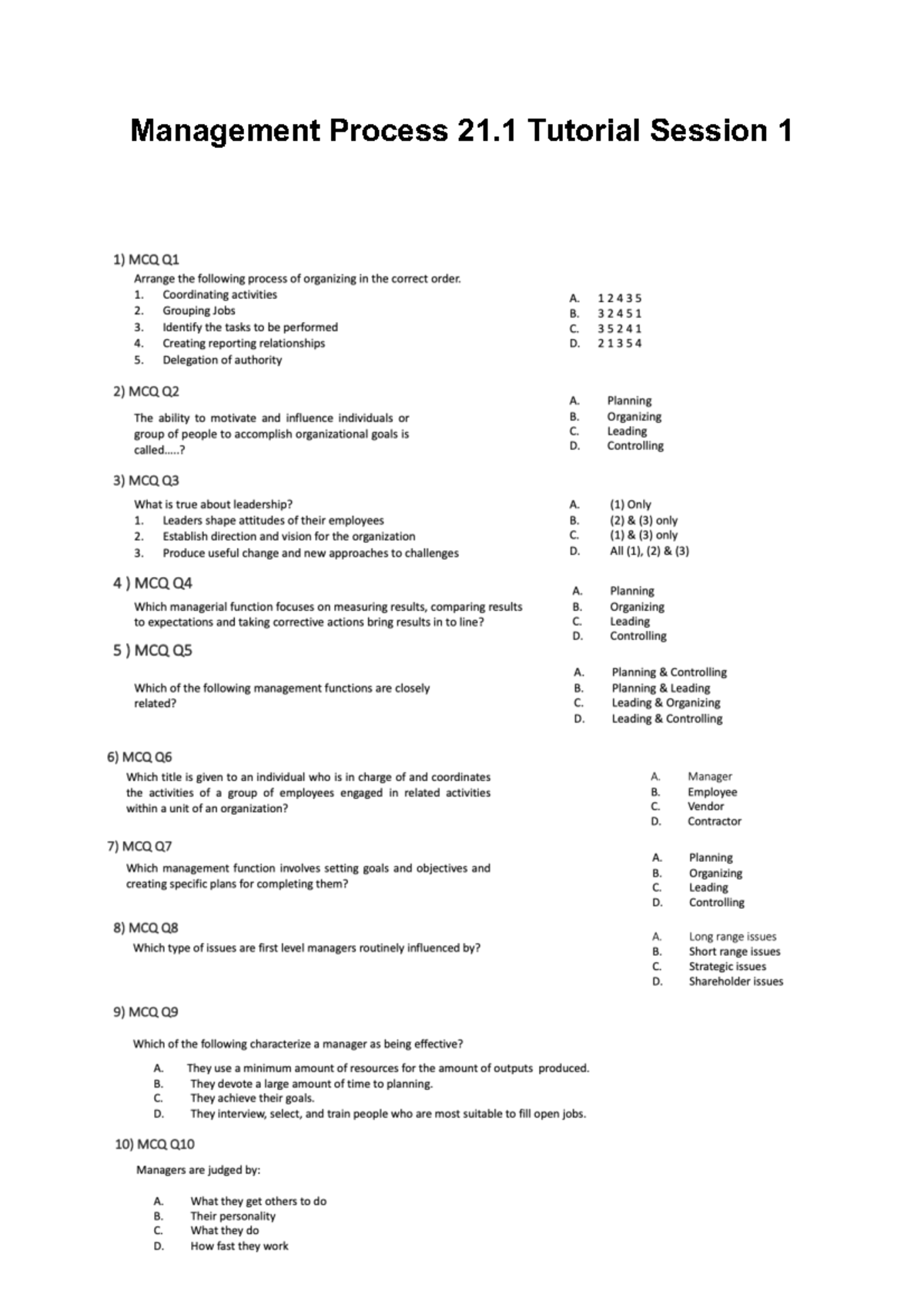 Management Process Tutorial work - Business Management - Management Process 21 Tutorial Session ...
