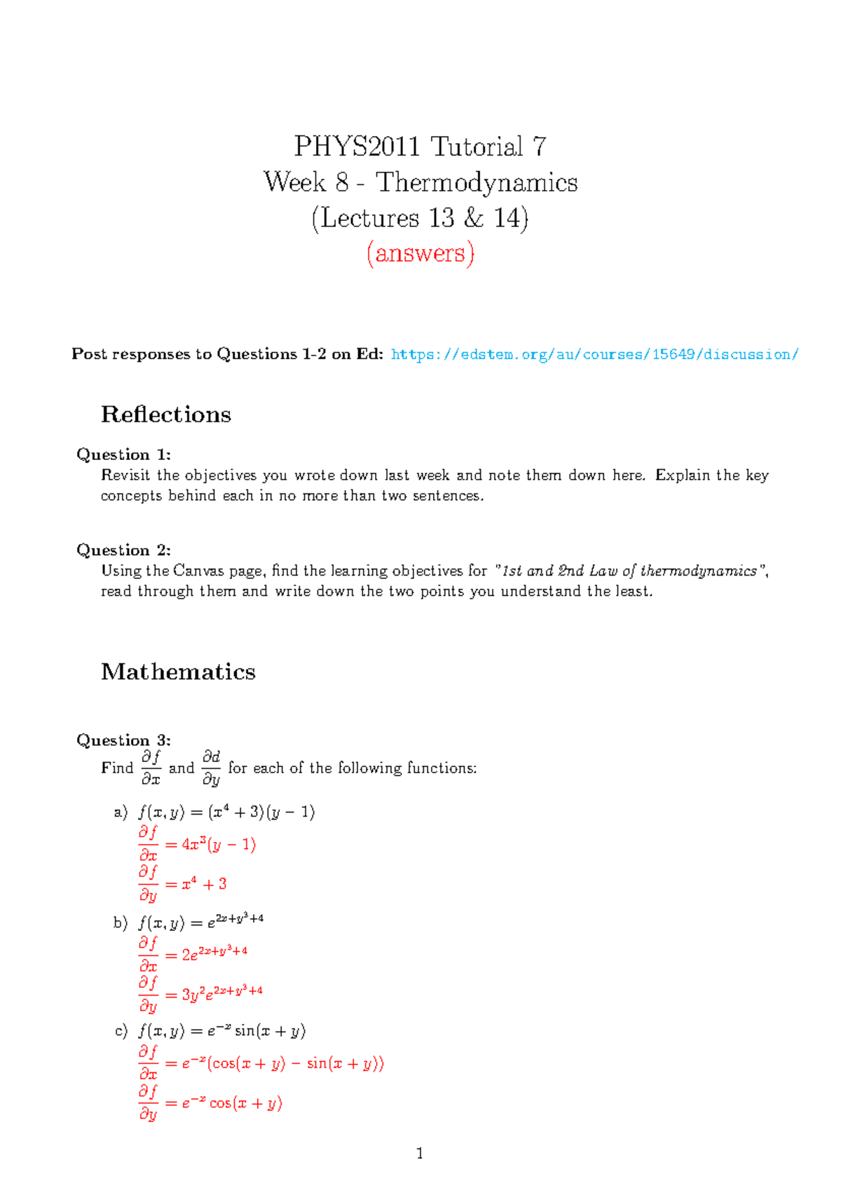 PHYS2011 thermo tutorial 8 ans - PHYS2011 Tutorial 7 Week 8 - Thermodynamics (Lectures 13 & 14 ...