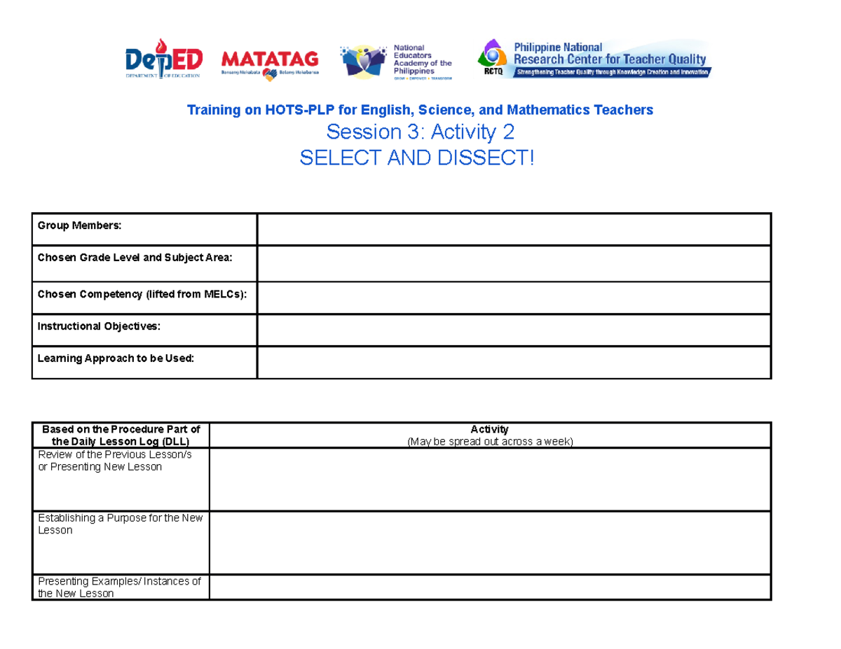 Session 3 Select and Dissect Group Template - Training on HOTS-PLP for ...