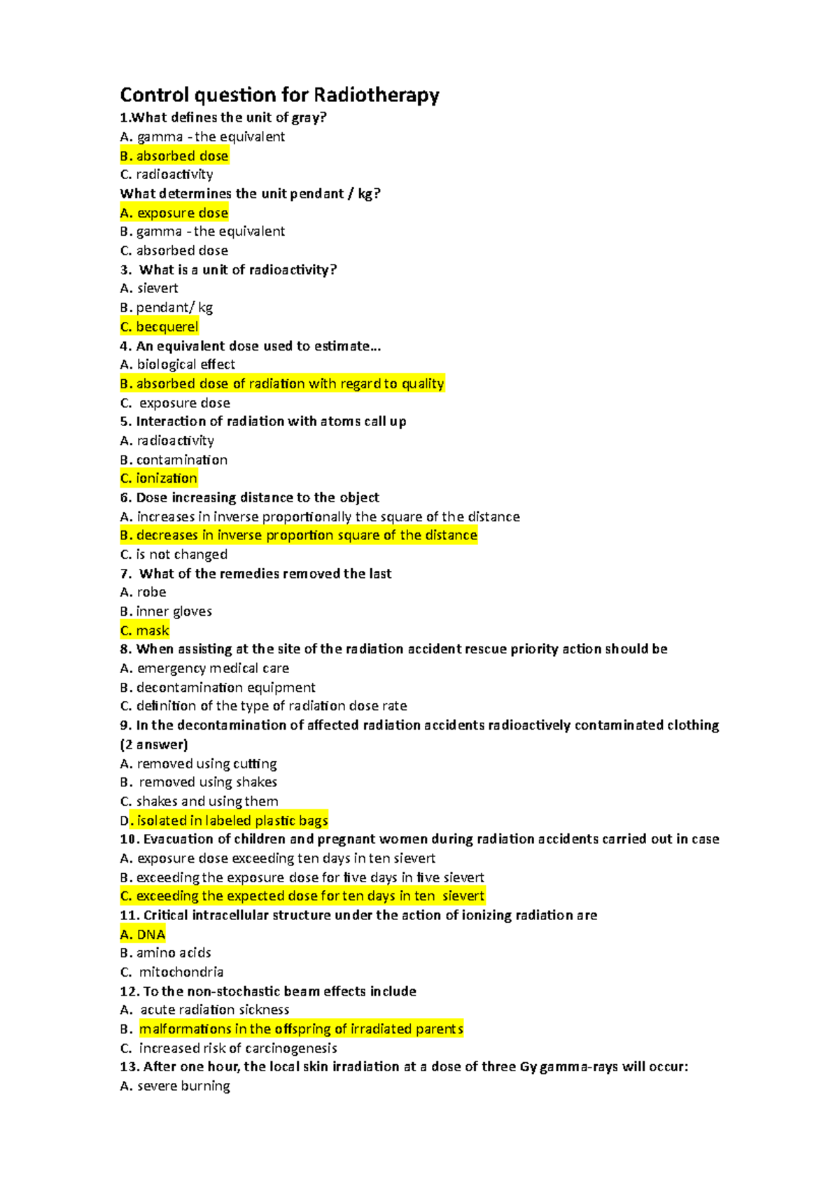 Control quest.Basic concept of Radiotherapy 1 - Control question for ...