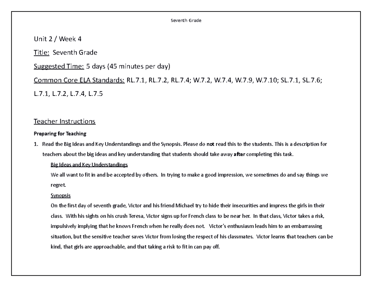 7. Seventh Grade. lesson - Story - Unit 2 / Week 4 Title: Seventh Grade ...