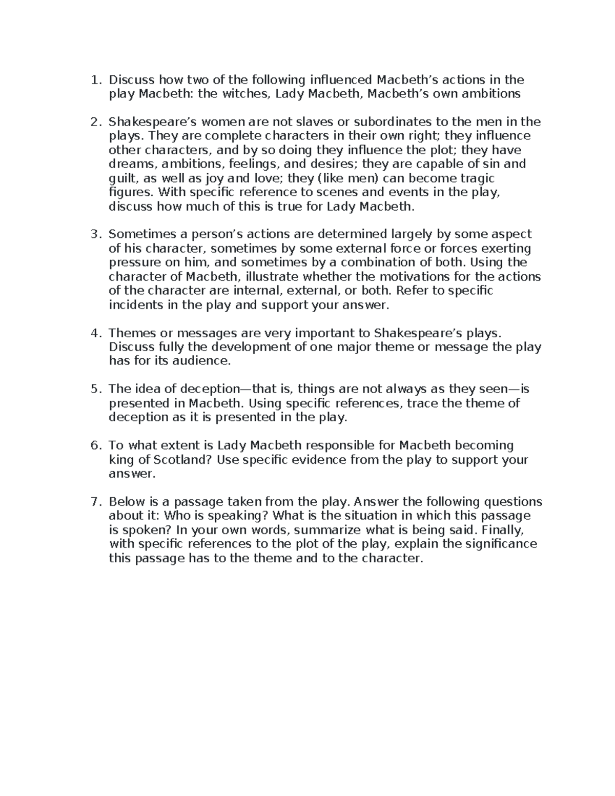 Macbeth discussion Questions - Discuss how two of the following ...