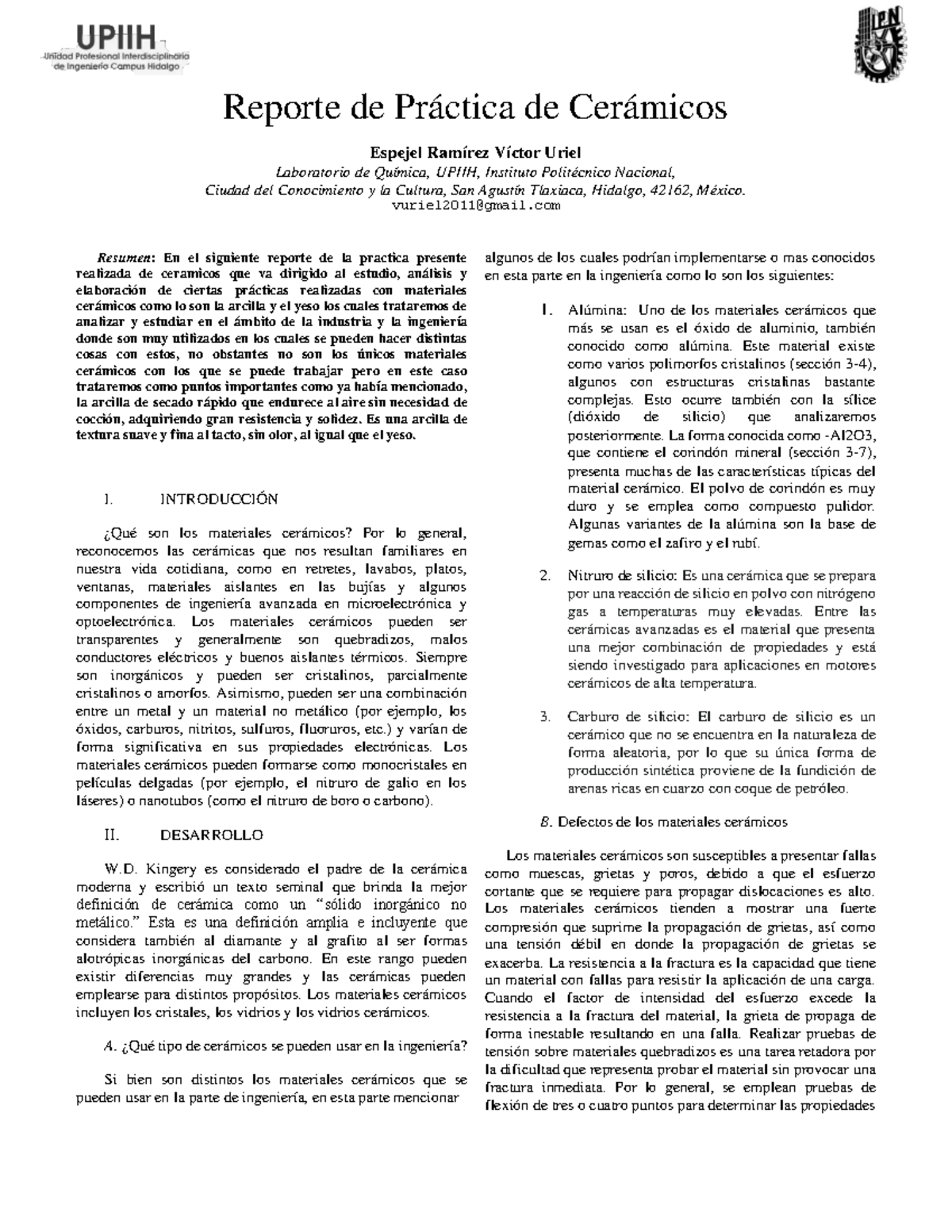 Reporte de Práctica de Cerámicos - Reporte de Práctica de Cerámicos Espejel Ramírez Víctor Uriel ...