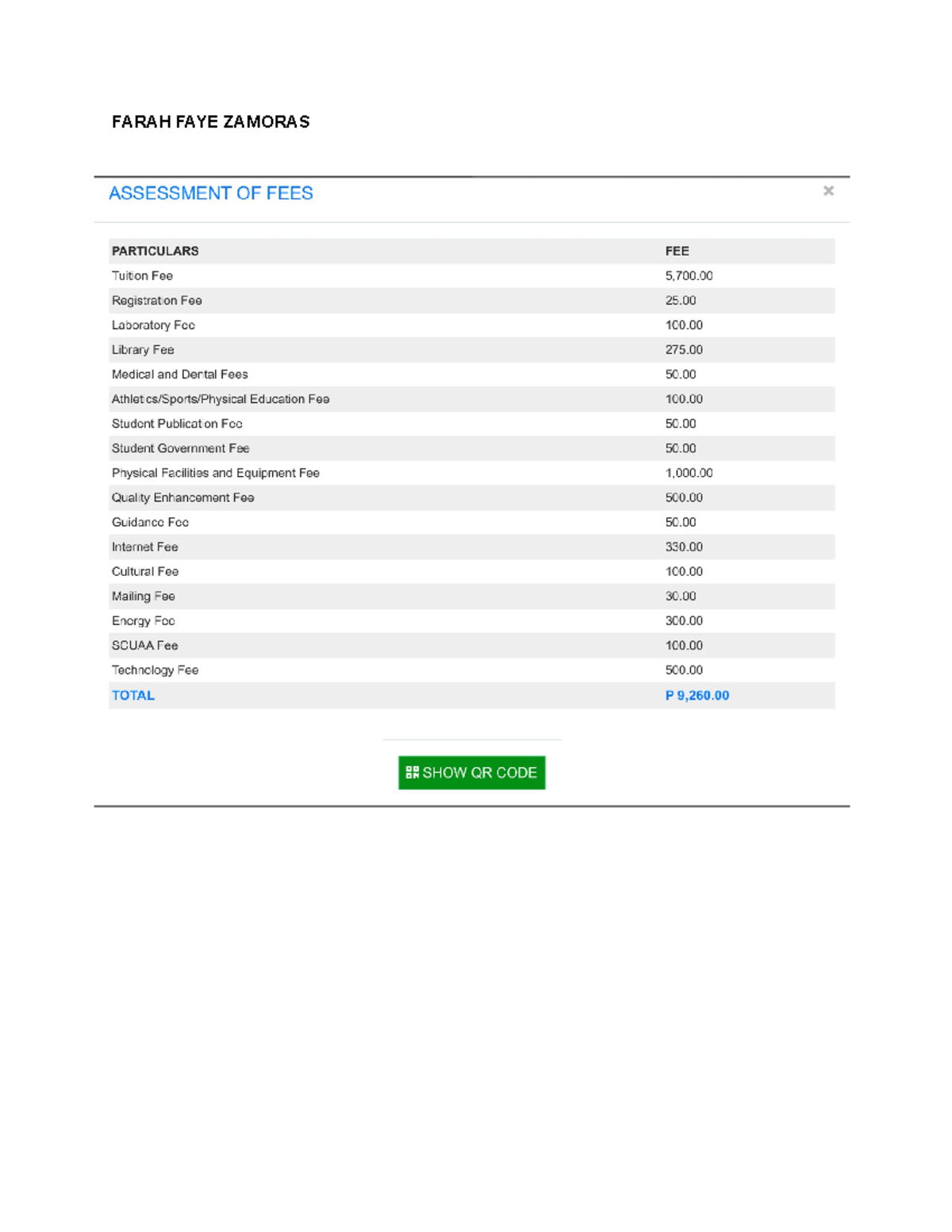 Document - consti - FARAH FAYE ZAMORAS ASSESSMENT OF FEES x PARTICULARS ...