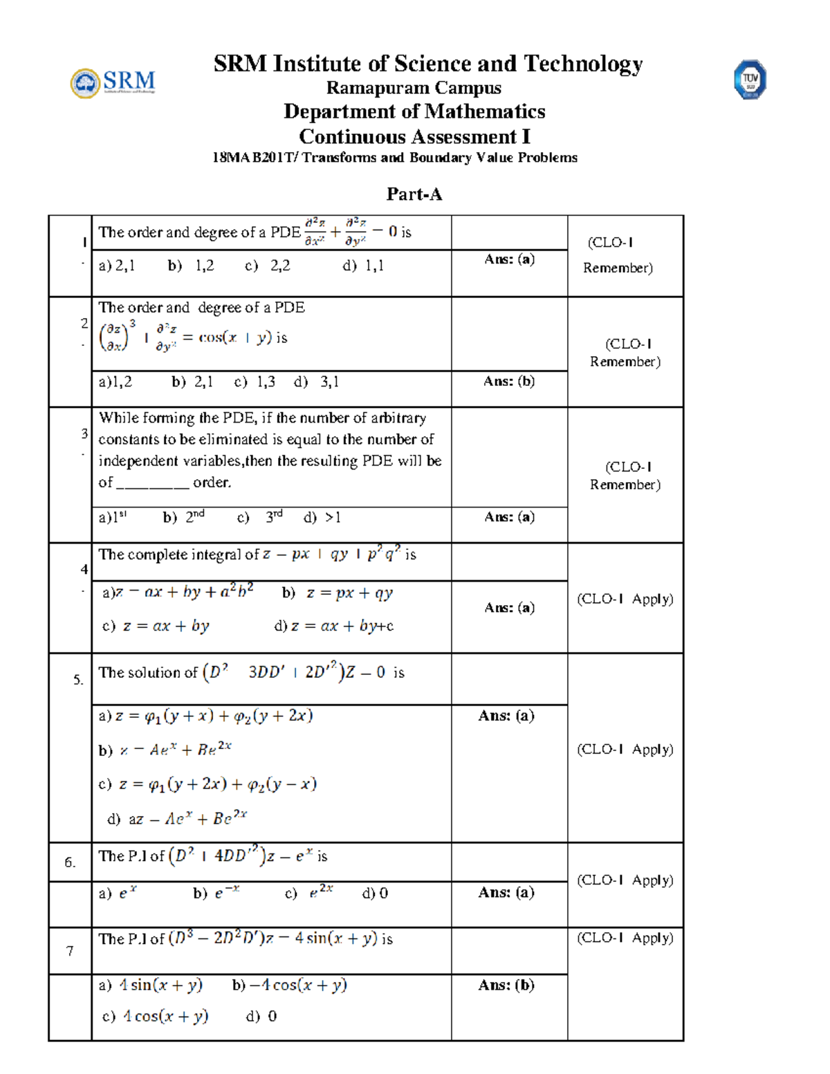 Unit-1 MCQ Questions - 18MAB201T/ Transforms and Boundary Value Problems Part-A 1 . The order ...