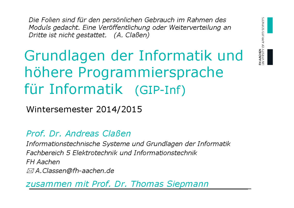 GIP-Inf-Vorlesung 2014-10-13 - Grundlagen der Informatik und höhere ...